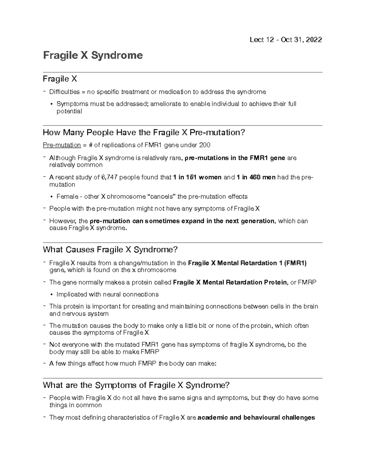 Fragile X Lect Notes - Dr.Ricciardi - Fragile X Syndrome Fragile X ...
