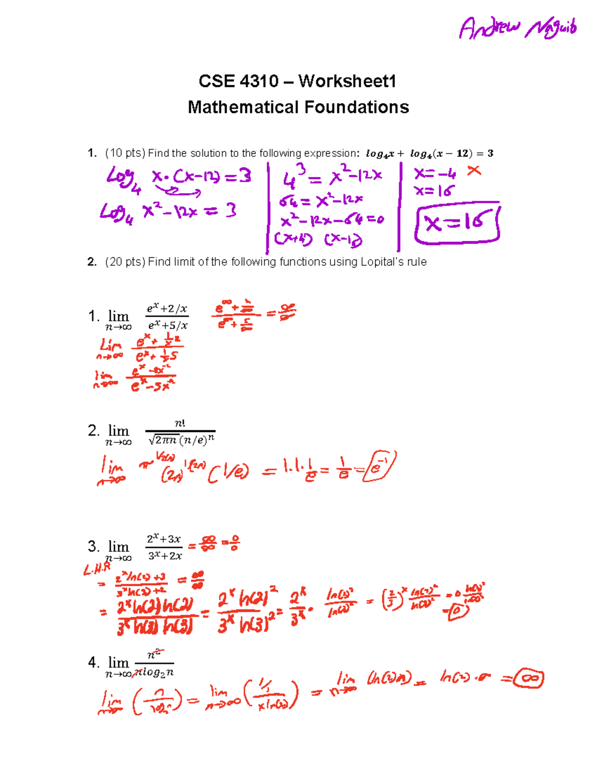 Cse 4310 Worksheet 1 Cse 4310 Worksheet Mathematical Foundations 10 Pts Find The 