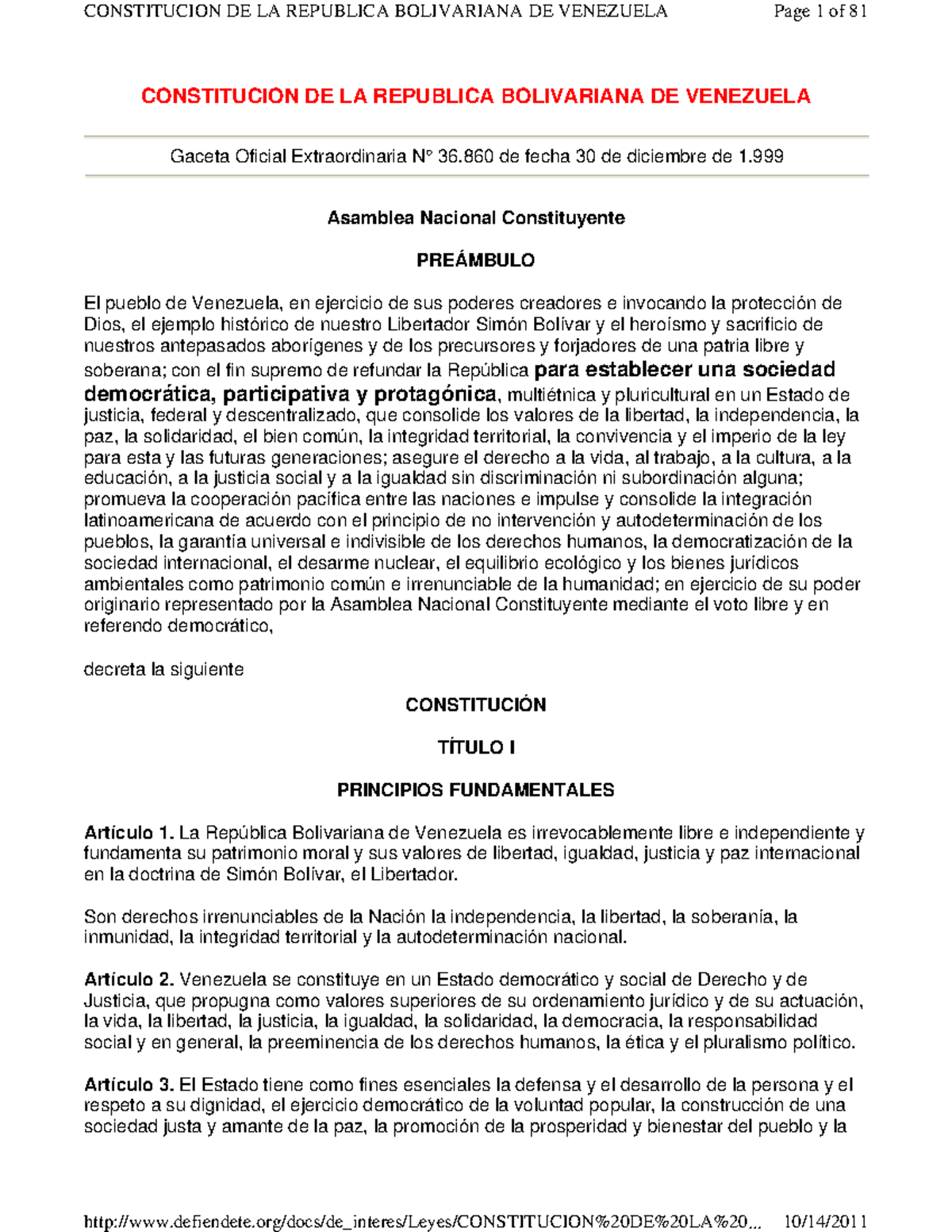 Constitucion venezuela - CONSTITUCION DE LA REPUBLICA BOLIVARIANA DE ...