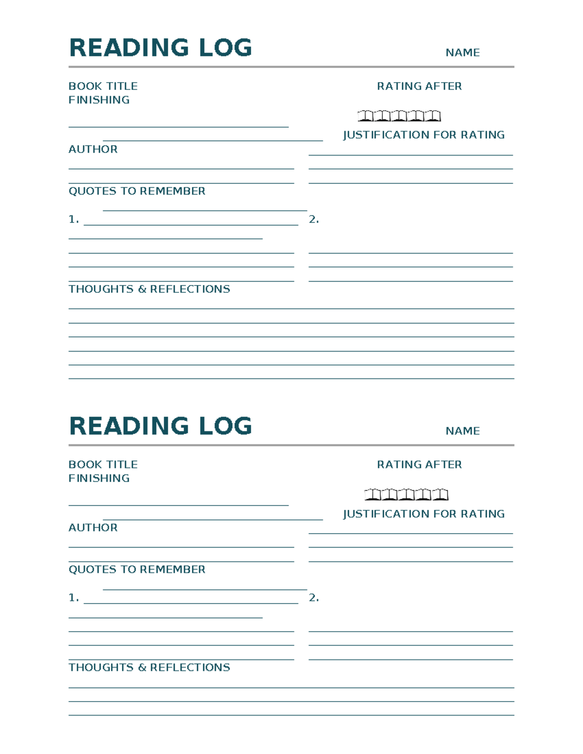 2023 Summer Reading Log - READING LOG NAME BOOK TITLE RATING AFTER ...