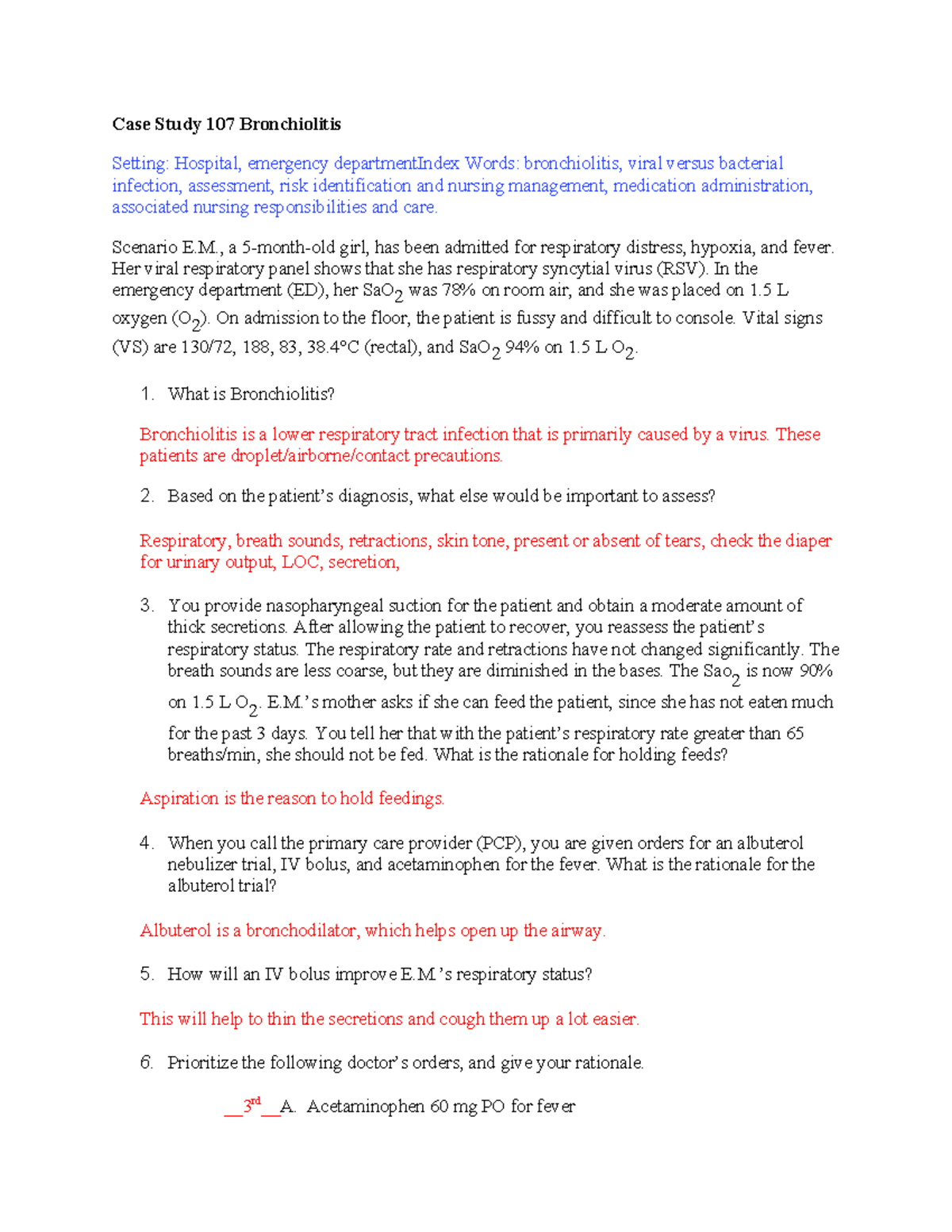 Case Study 107 Bronchiolitis - Case Study 107 Bronchiolitis Setting: Hospital, emergency - Studocu