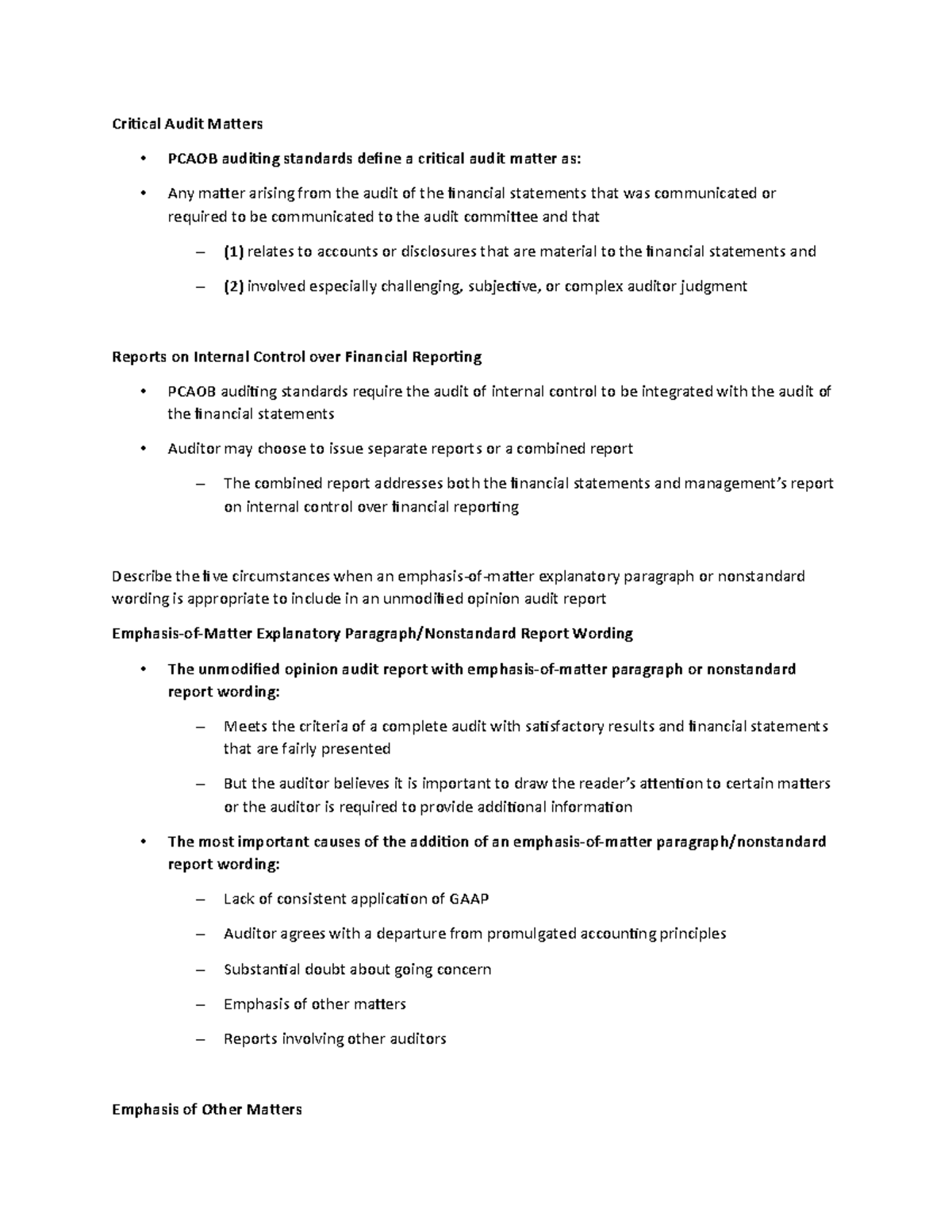 Lecture Notes 3 - Critical Audit Matters - PCAOB auditing standards ...