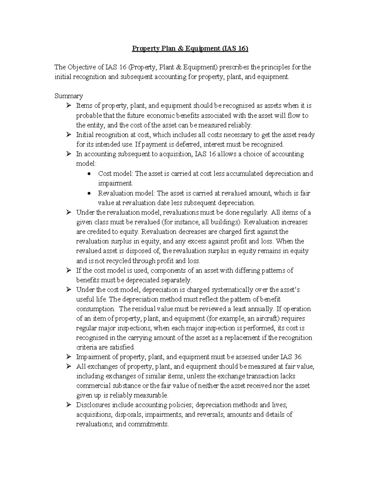 Class Notes IAS 16 PPE - Property Plan & Equipment (IAS 16) The ...