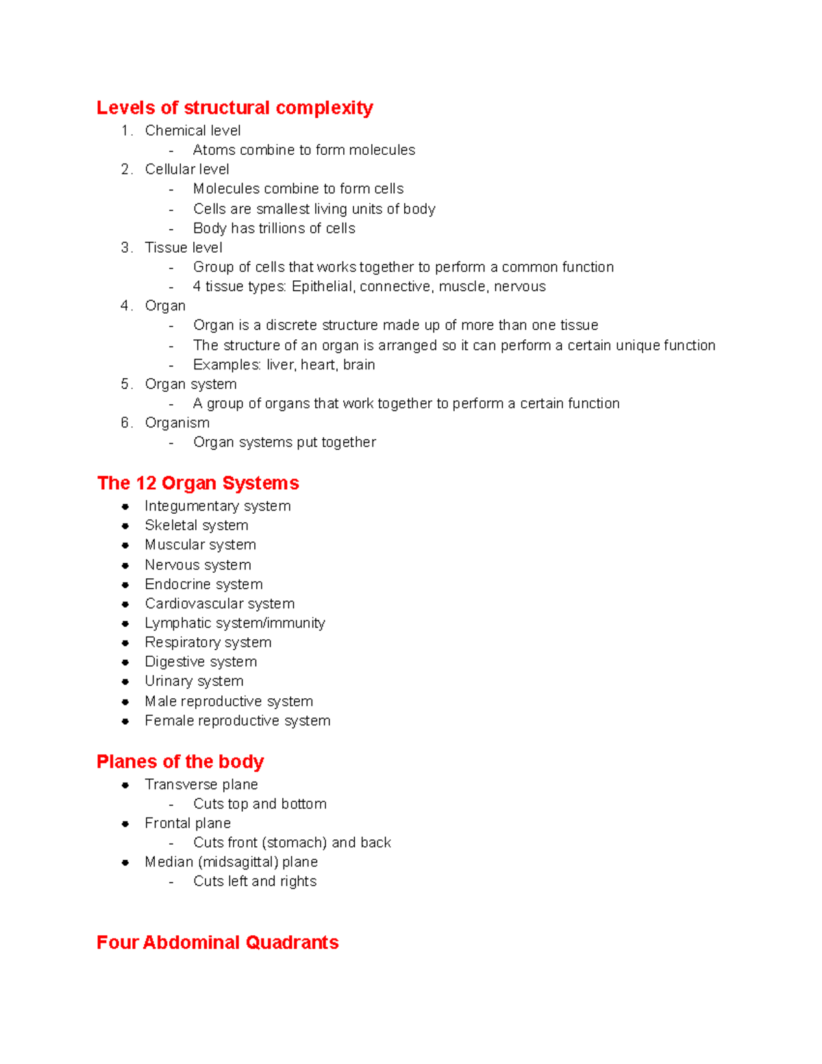 Systemic Anatomy Topic 1 - Body Orientation - Levels of structural ...