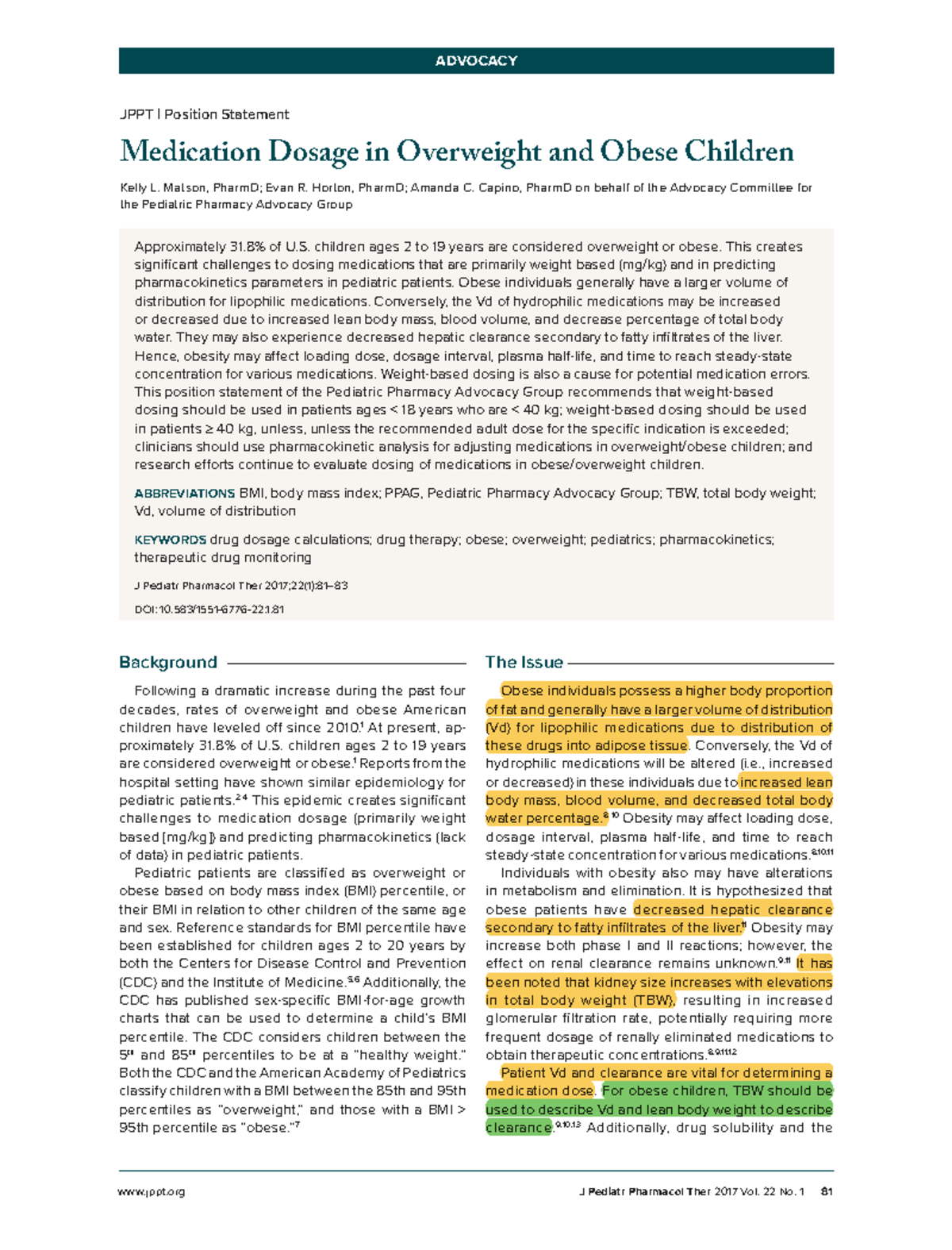Medication Dosage in Overweight and Obese Children - jppt J Pediatr ...