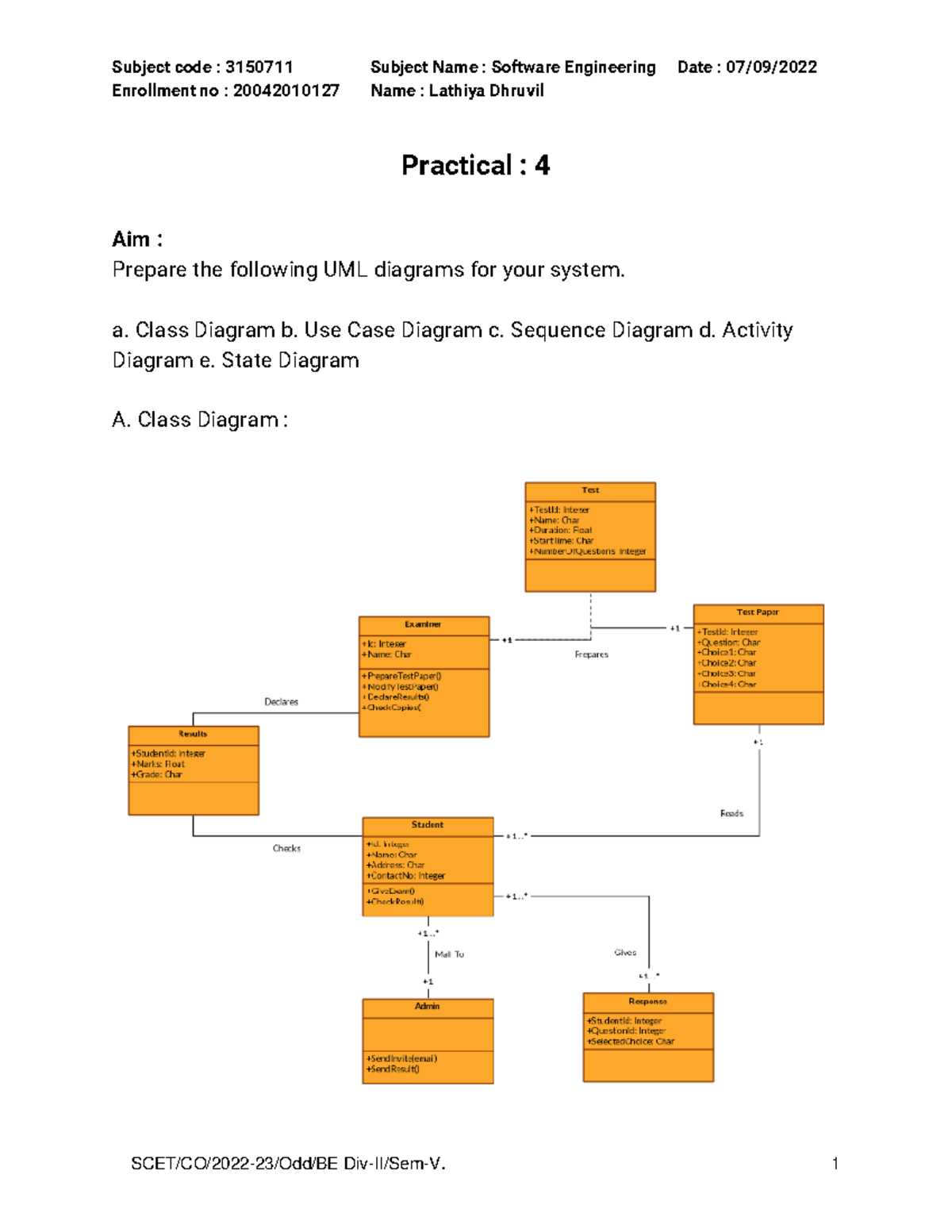 UML Diagrams in se - Enrollment no : 20042010127 Name : Lathiya Dhruvil Practical : 4 Aim ...