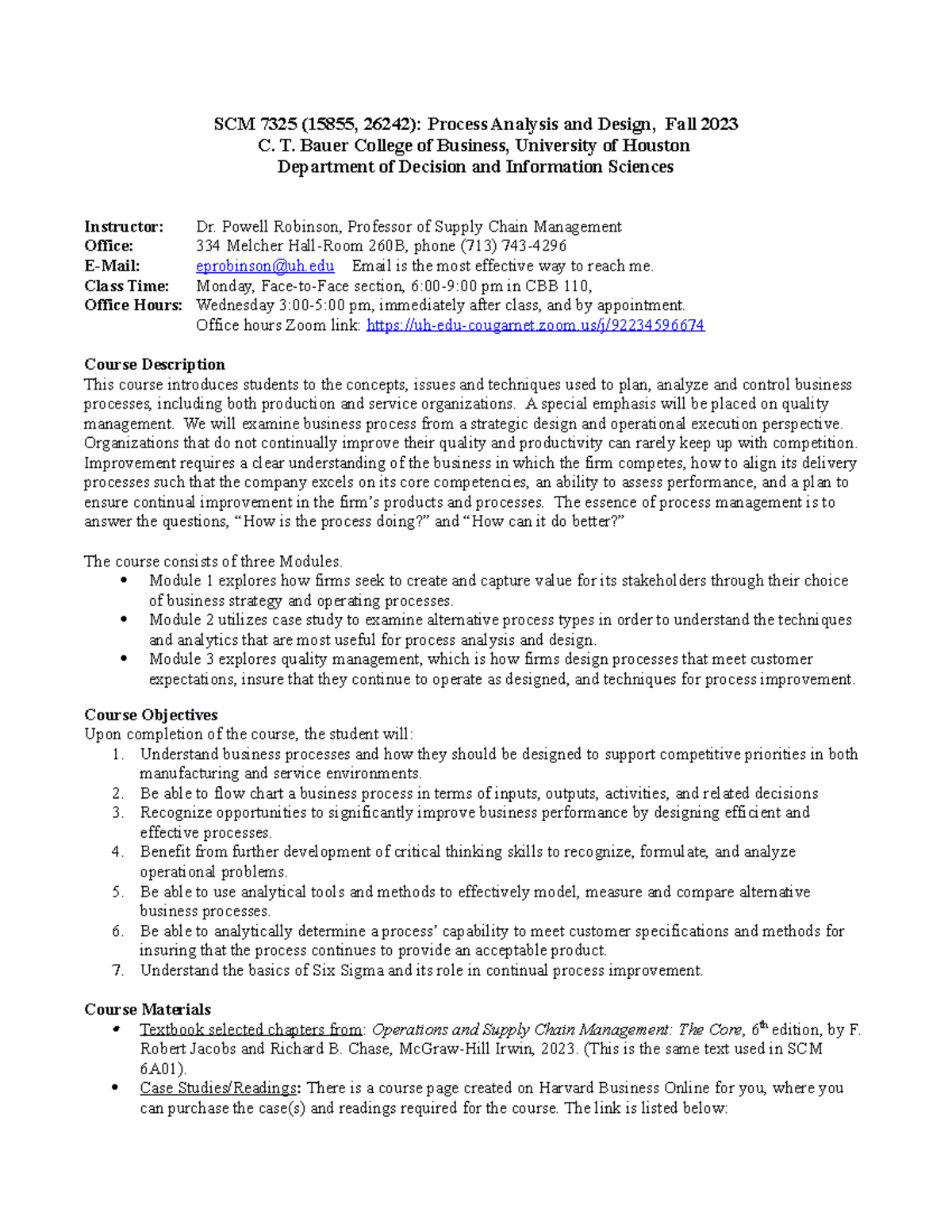 SCM7325 Syl Process Anal F2F fall 2023 - SCM 7325 (15855, 26242): Process Analysis and Design ...