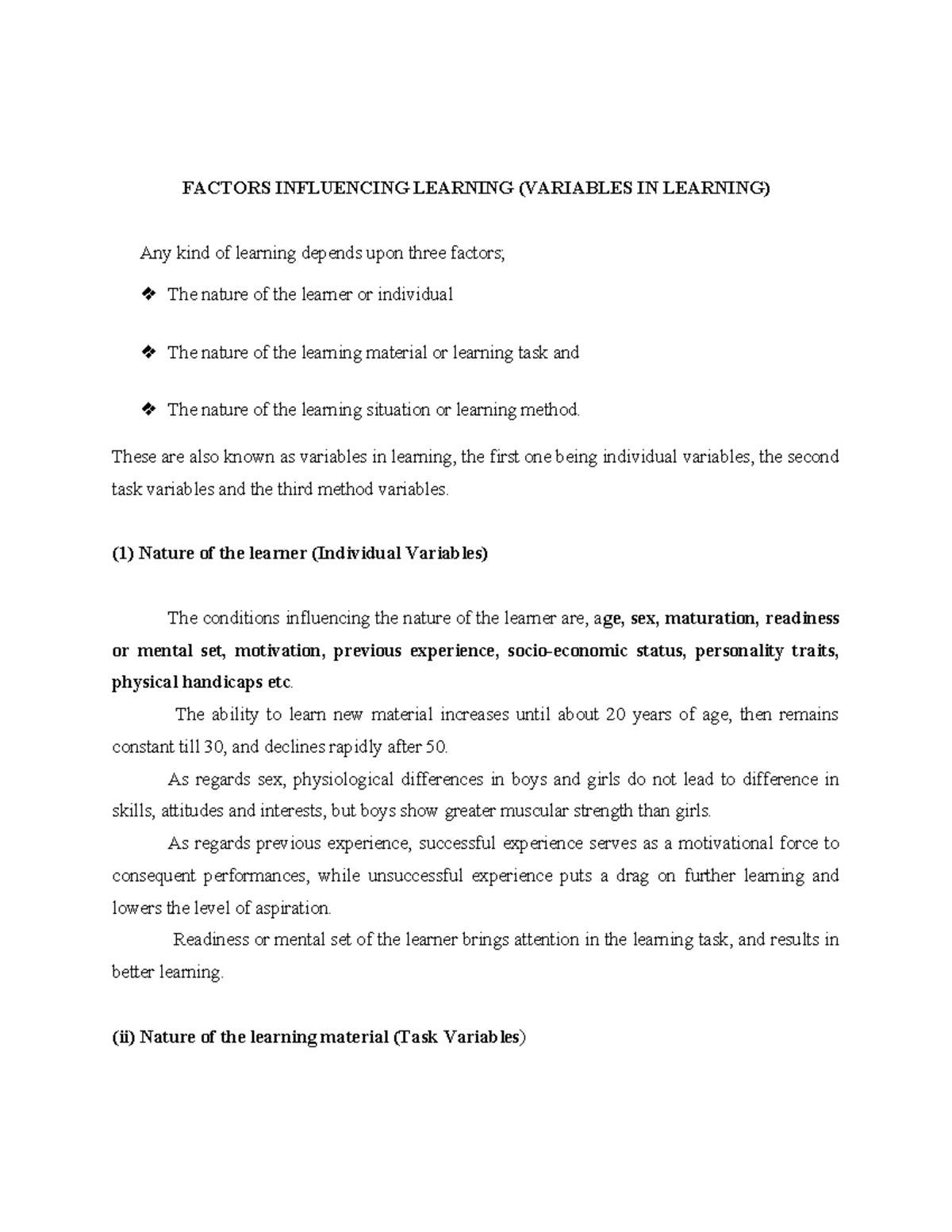 Factors influencing learning (Variables in learning) - FACTORS INFLUENCING LEARNING (VARIABLES ...