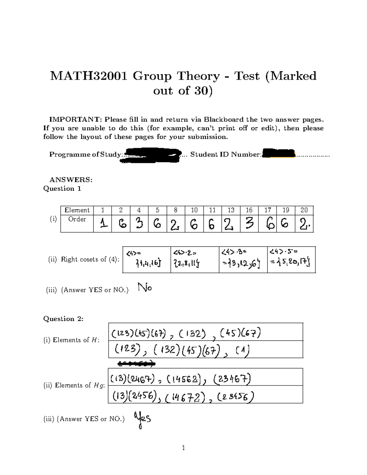 Mid Term Exam - MATH32001 Group Theory - Test (Marked out of 30 ...