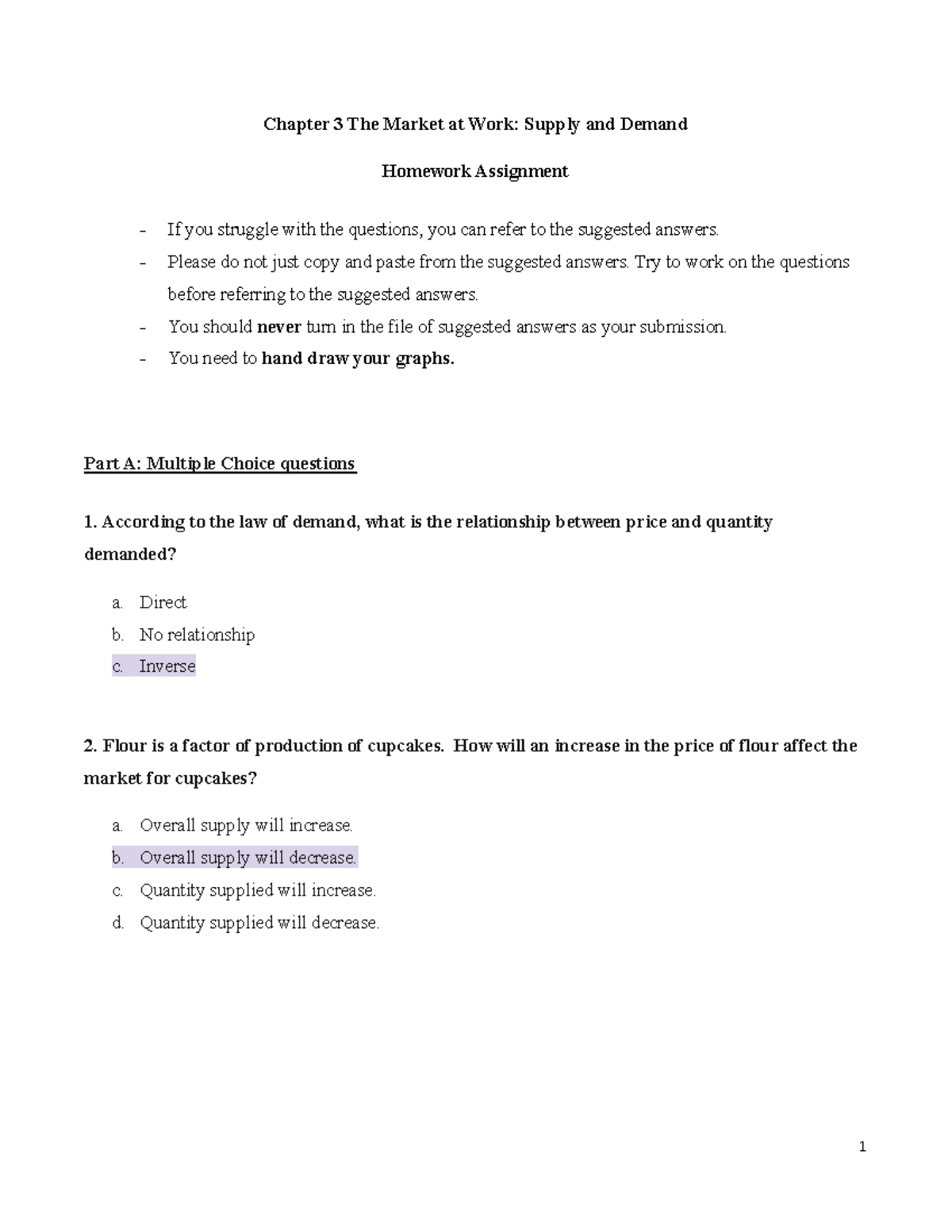 Ch. 3 Homework Assignment - Chapter 3 The Market at Work: Supply and ...