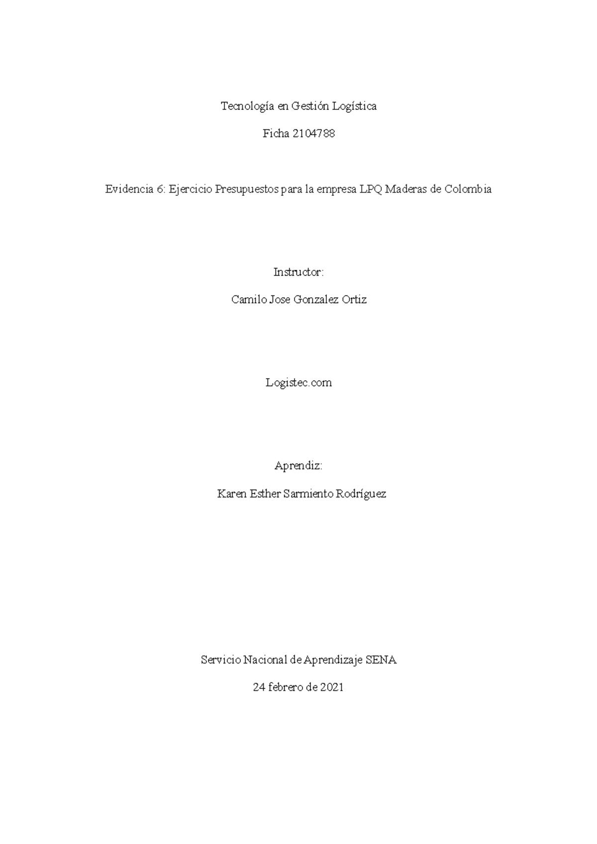 Evidencia 6 Ejercicio pr ctico Presupuestos para la empresa LPQ Maderas de Colombia - Tecnología ...