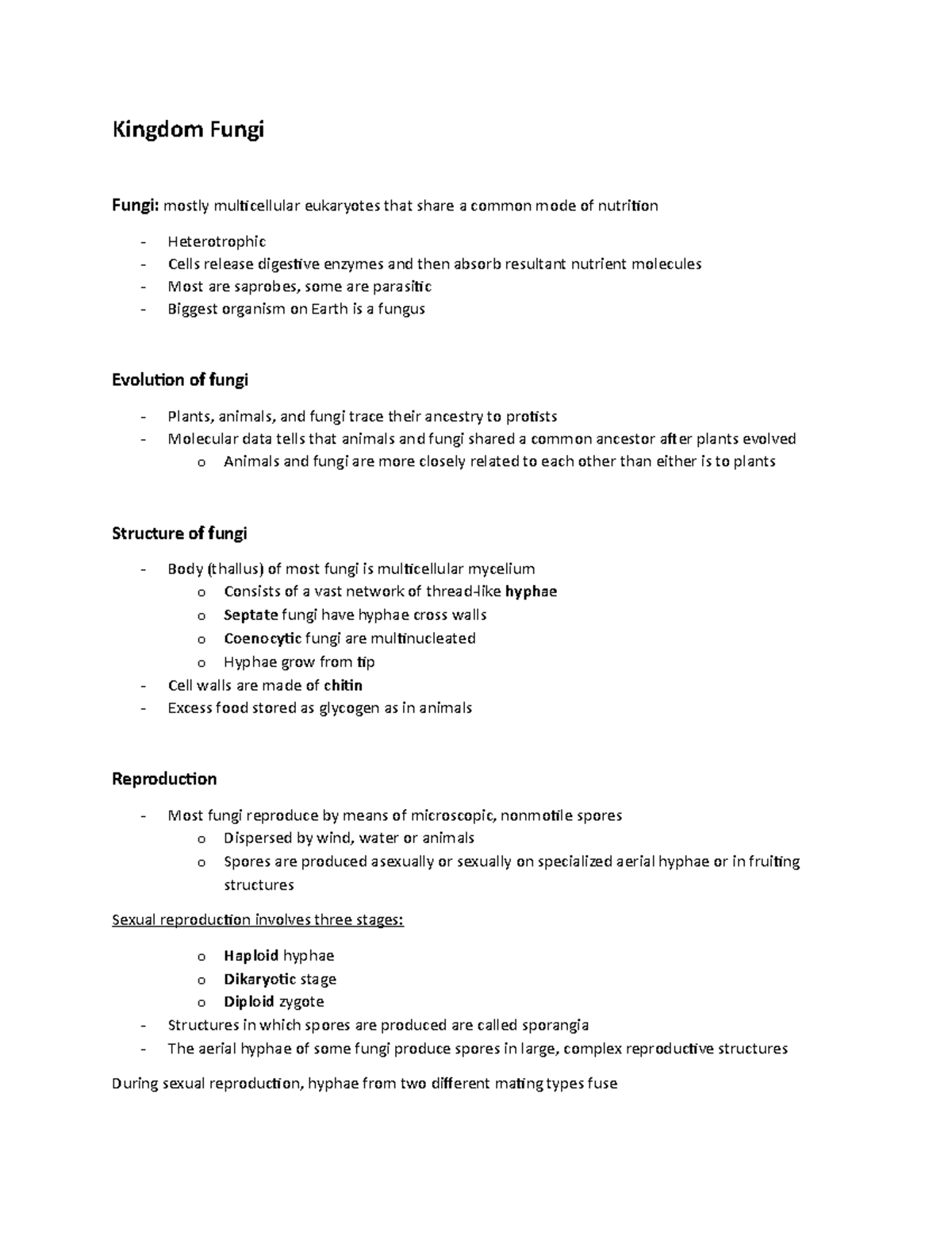Fungi Lab Notes - Kingdom Fungi Fungi: mostly multicellular eukaryotes ...
