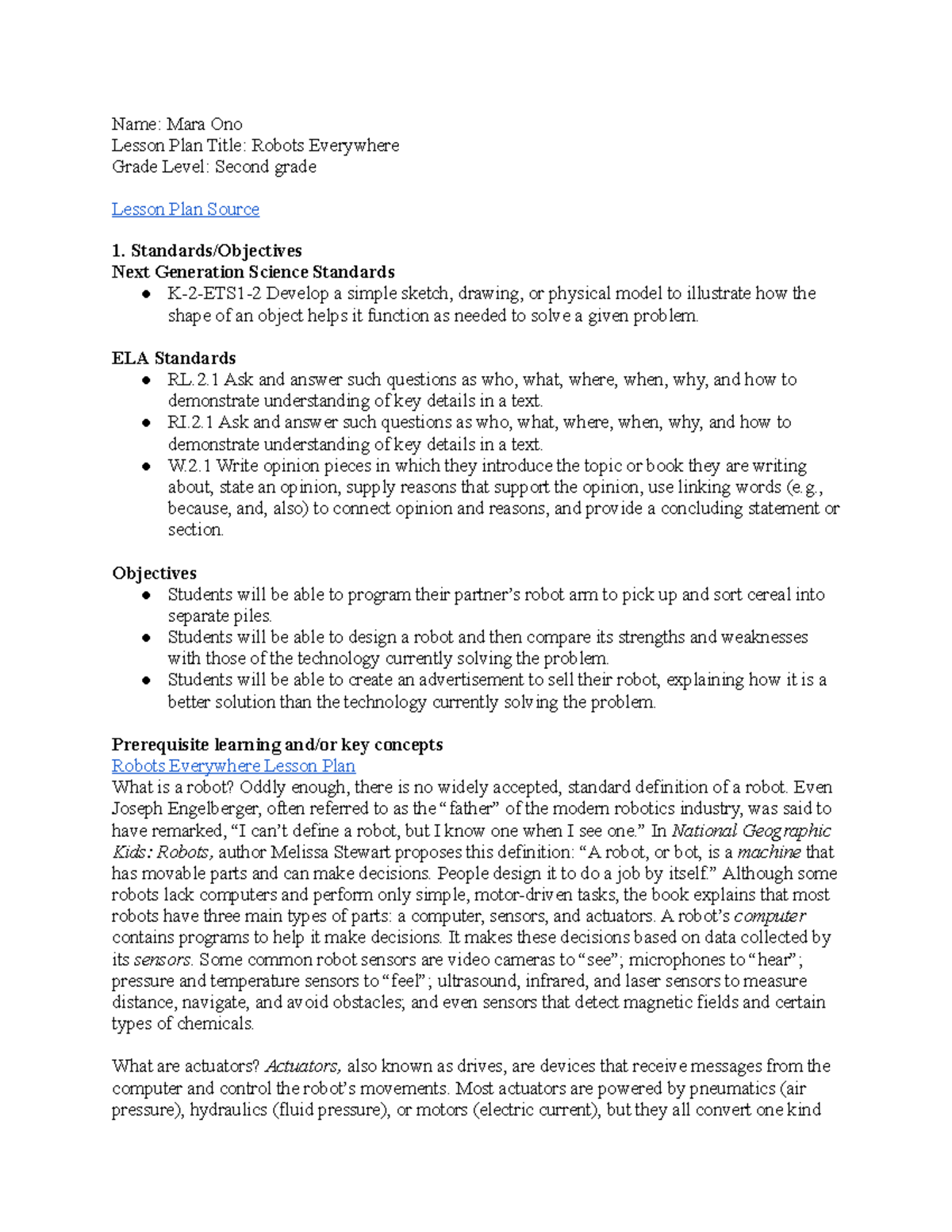 Week 6 Initial Science Lesson Plan - Name: Mara Ono Lesson Plan Title ...