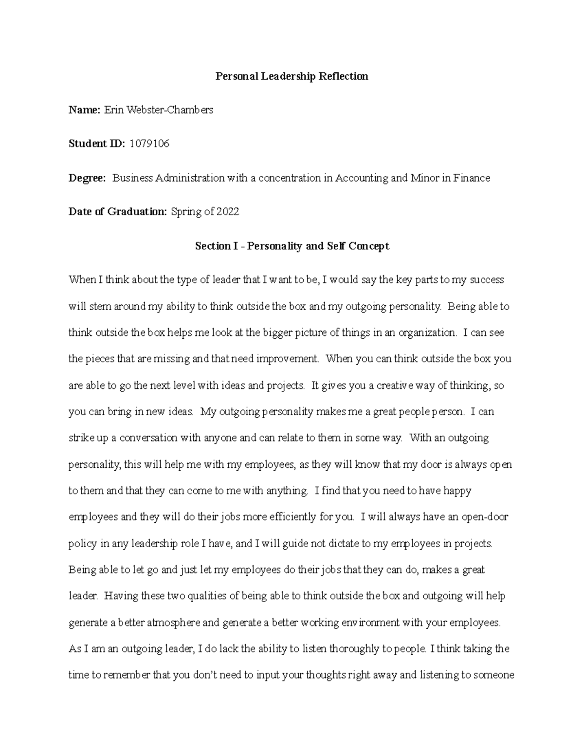 Final Project 1 - Personal Leadership Reflection Name: Erin Webster ...