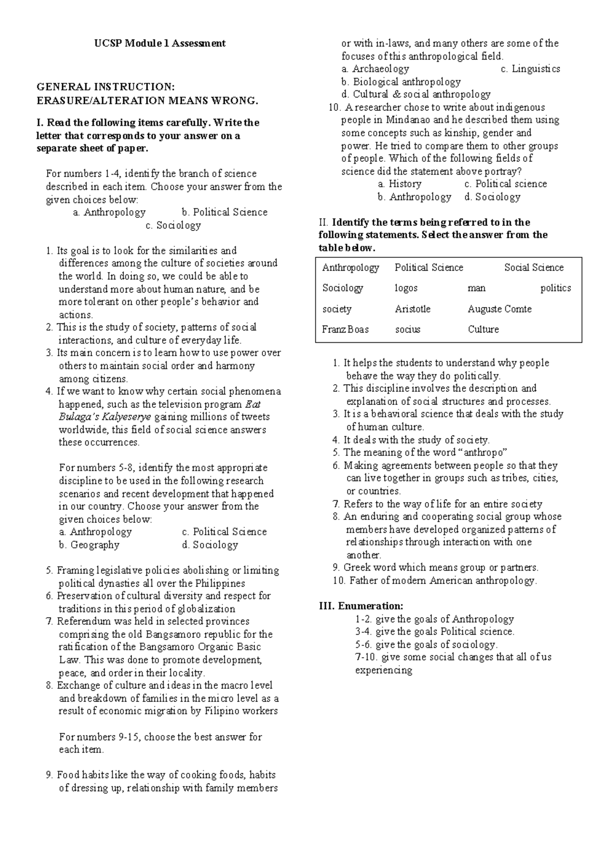 UCSP Quarter 1 Module 1 Assessment - UCSP Module 1 Assessment GENERAL ...