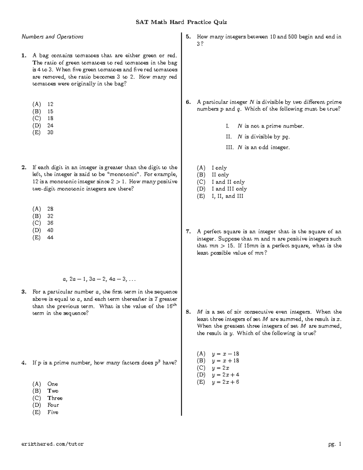 Sat math hard practice quiz - SAT Math Hard Practice Quiz Numbers and ...
