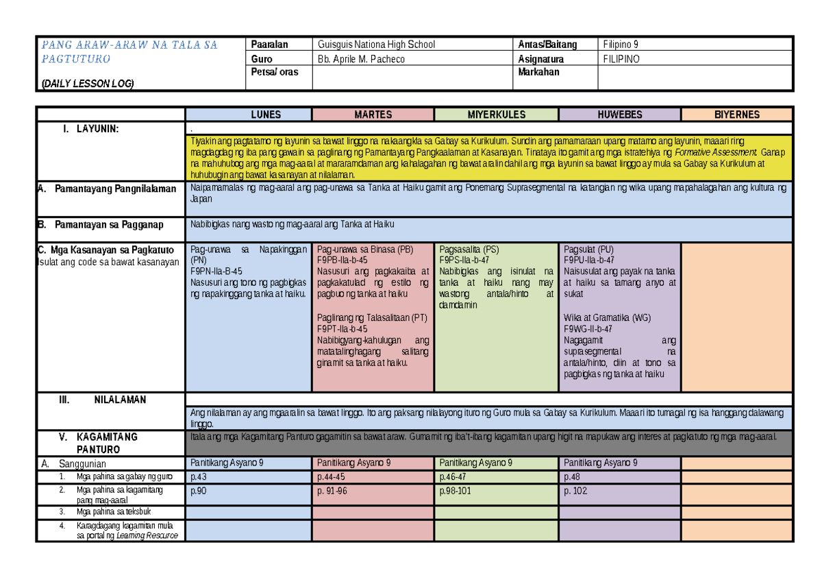 2-1-1 - Lesson Plan - PANG ARAW-ARAW NA TALA SA PAGTUTURO (DAILY LESSON ...