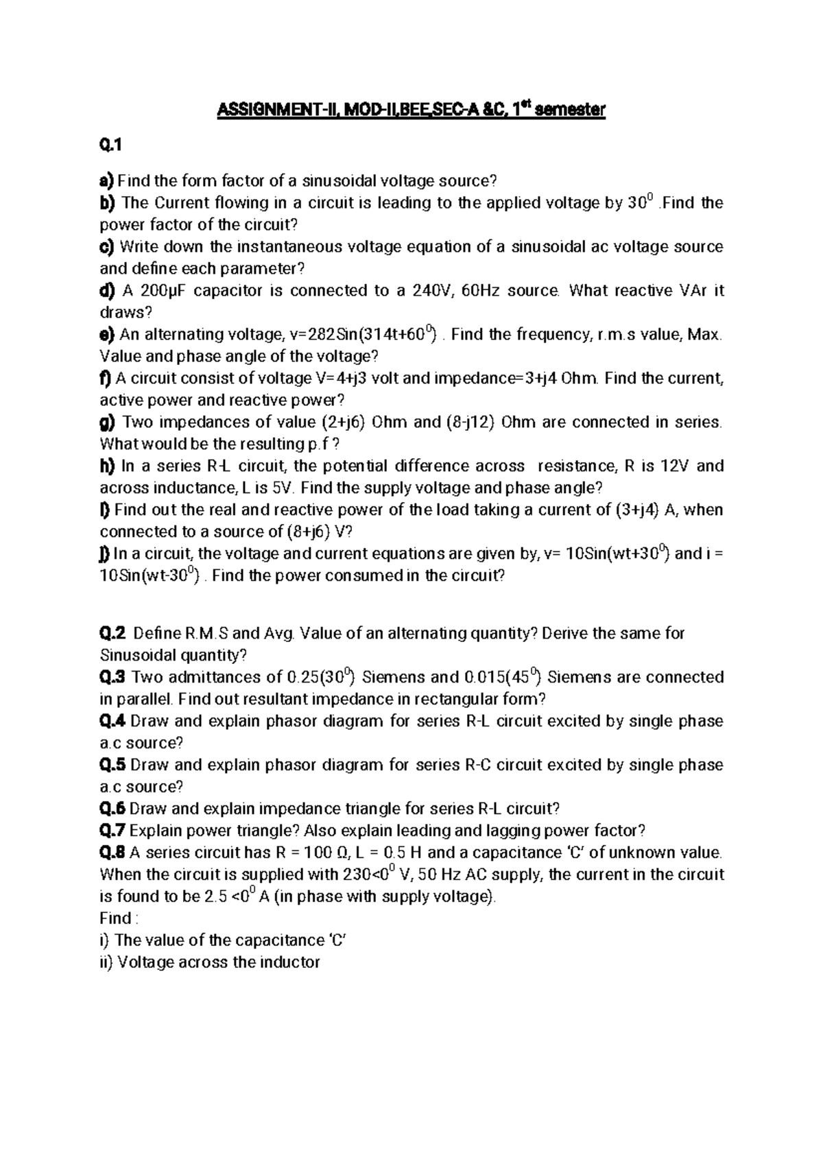 Assignment 2 - good question for cse students - ASSIGNMENT-II, MOD-II,BEE,SEC-A &C, 1 st - Studocu