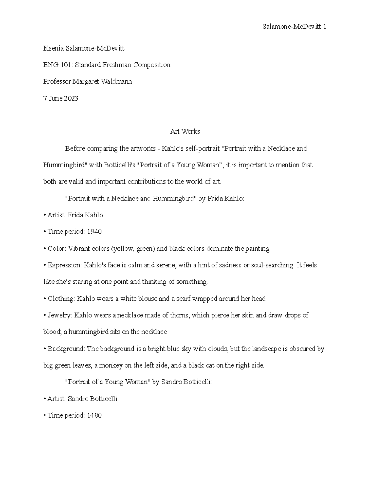 Art Works - full assignment - Ksenia Salamone-McDevitt ENG 101 ...