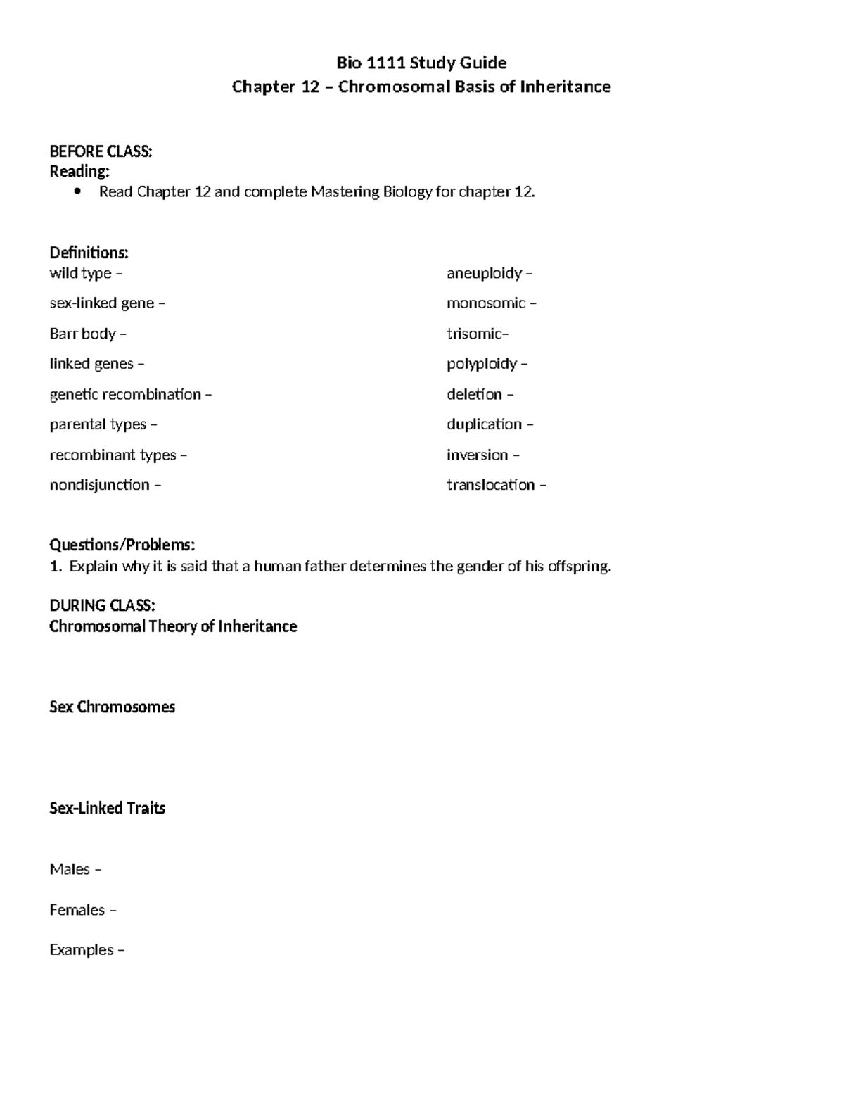 12 Study Guide chromosomal inheritance - Bio 1111 Study Guide Chapter ...