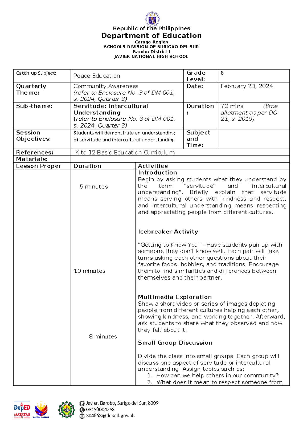 Grade 8 Health ed catch up plan - Javier, Barobo, Surigo del Sur, 8309 ...