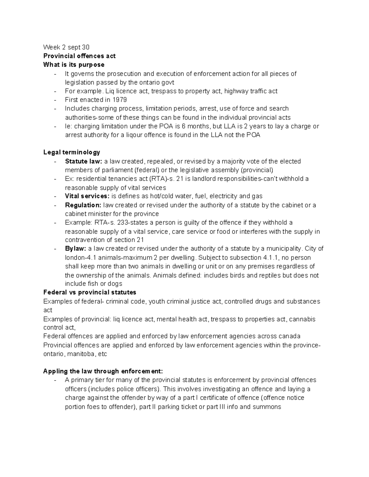 Provincial offences - Lecture notes 1-10 - Week 2 sept 30 Provincial ...