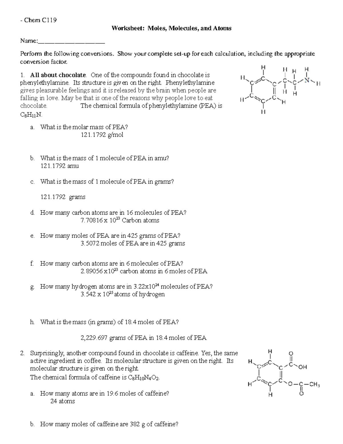 Worksheet 123molecules sp19 - Chem C Worksheet: Moles, Molecules, and ...