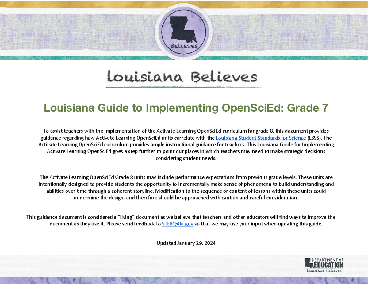 Grade 7 louisiana guide to implementing openscied - Louisiana Guide to ...
