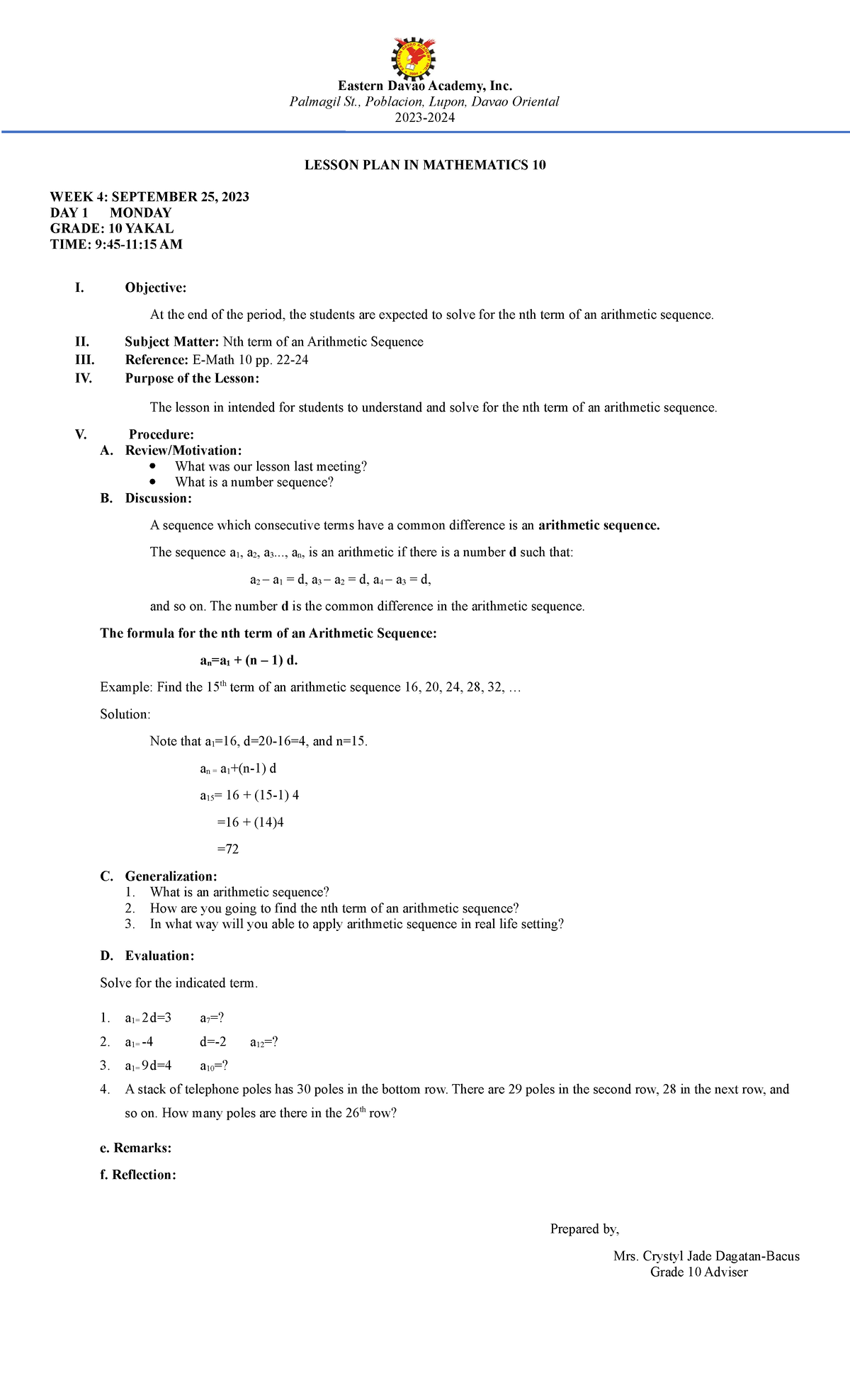 Lesson PLAN IN MATH 10 - Eastern Davao Academy, Inc. Palmagil St ...