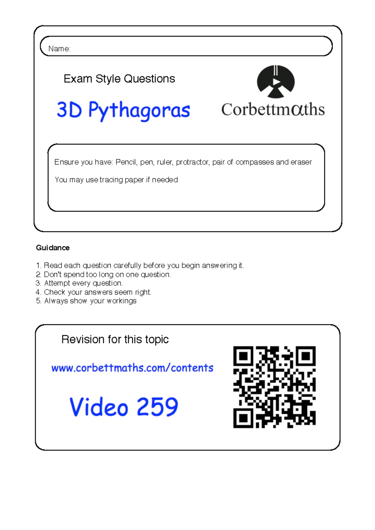 3d Pythagoras Question Booklet Without Answers Name Exam Style 3d-pythagoras-question-booklet-without-answers-name-exam-style