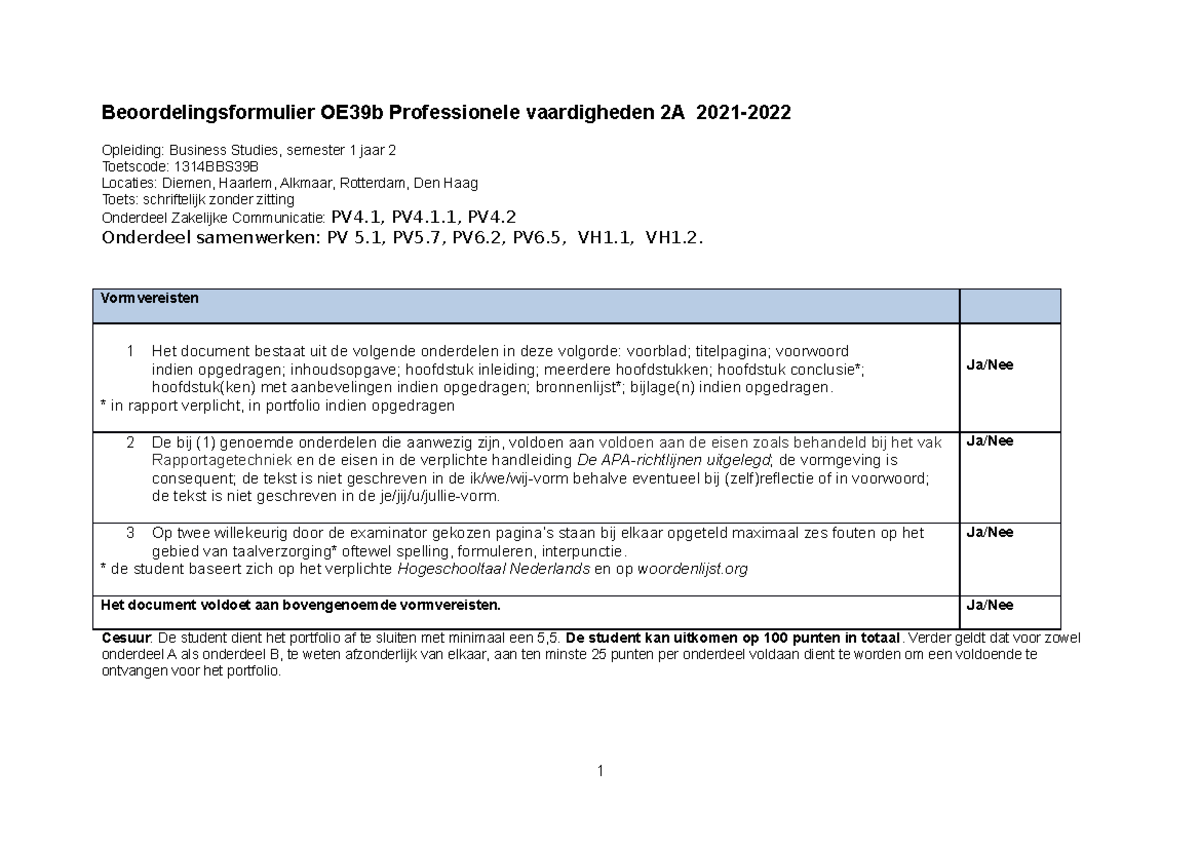 OE39b Beoordelingsformulier Prof. Vrdheden 2021-2022 - Beoordelingsformulier OE39b Professionele ...