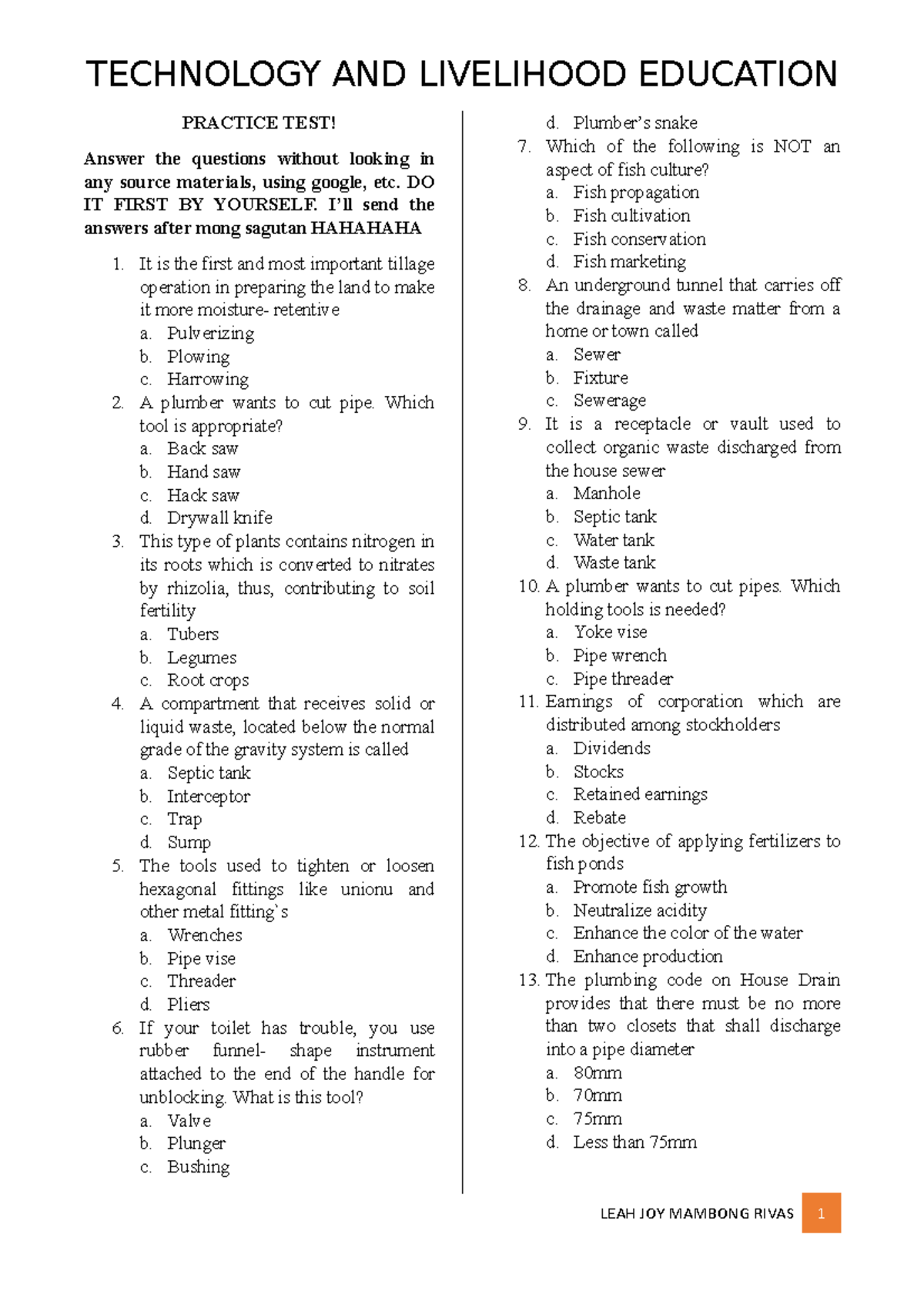 TLE (Practice Test) - Tle notes - PRACTICE TEST! Answer the questions ...