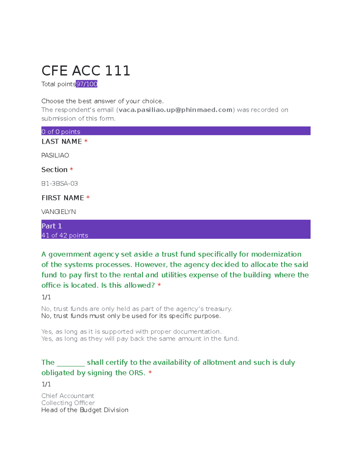 CFE ACC 111 - CFE ACC 111 Reviewer - CFE ACC 111 Total points97/ Choose the best answer of your ...