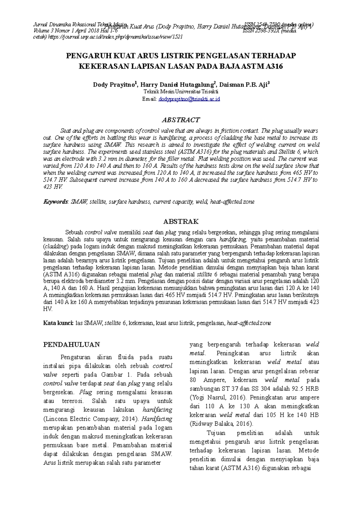 Pengaruh KUAT ARUS Listrik Pengelasan Terhadap Kekerasan Lapisan Lasan ...