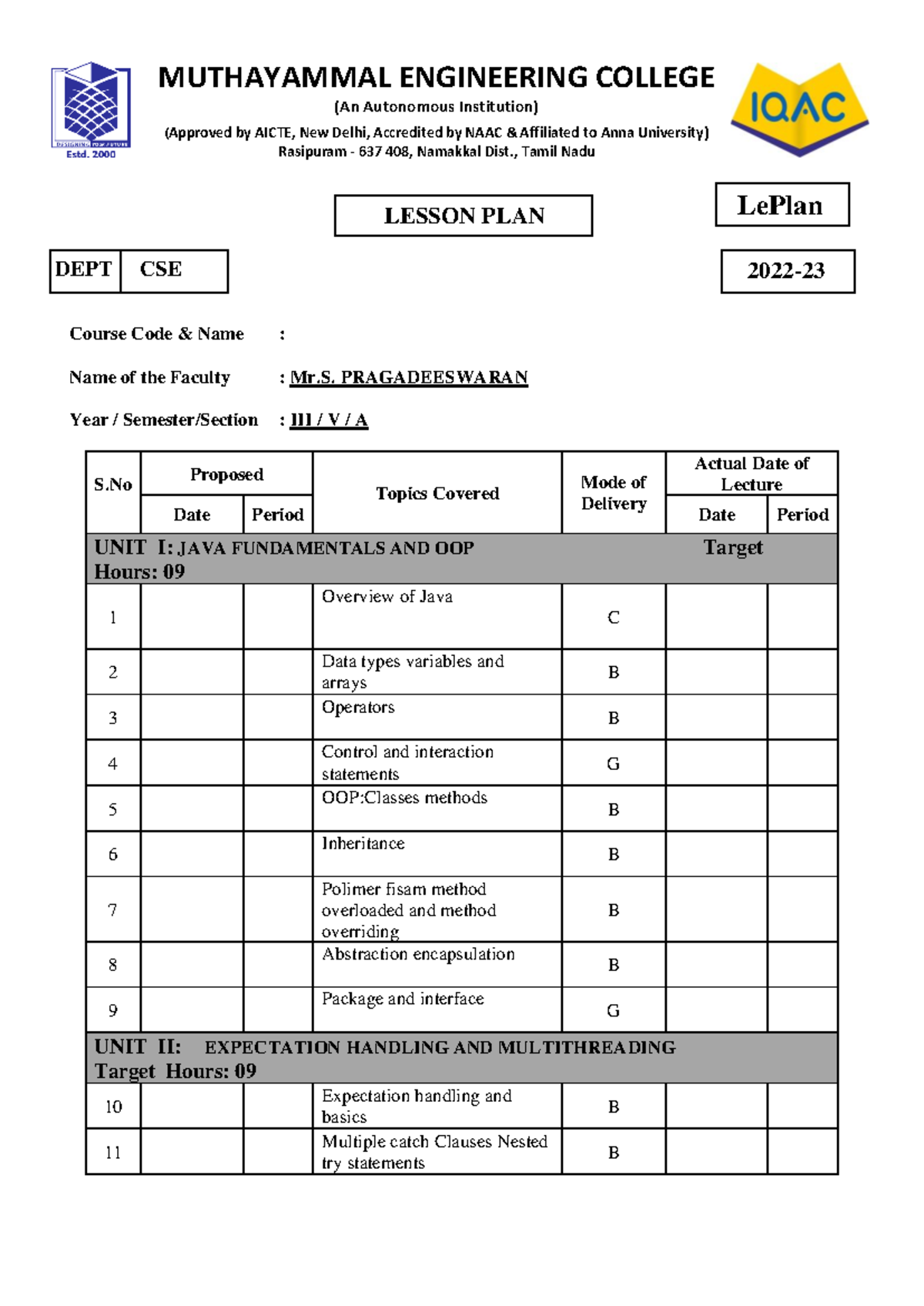 2. SF Lesson plan - CSE - MUTHAYAMMAL ENGINEERING COLLEGE (An Autonomous Institution) (Approved ...