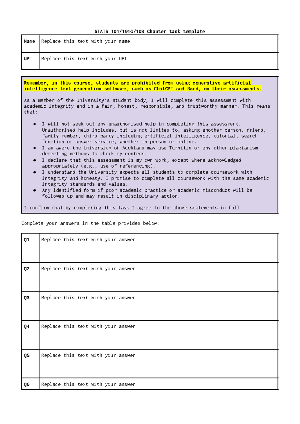 Copy of Chapter task template - STATS 101/101G/108 Chapter task ...