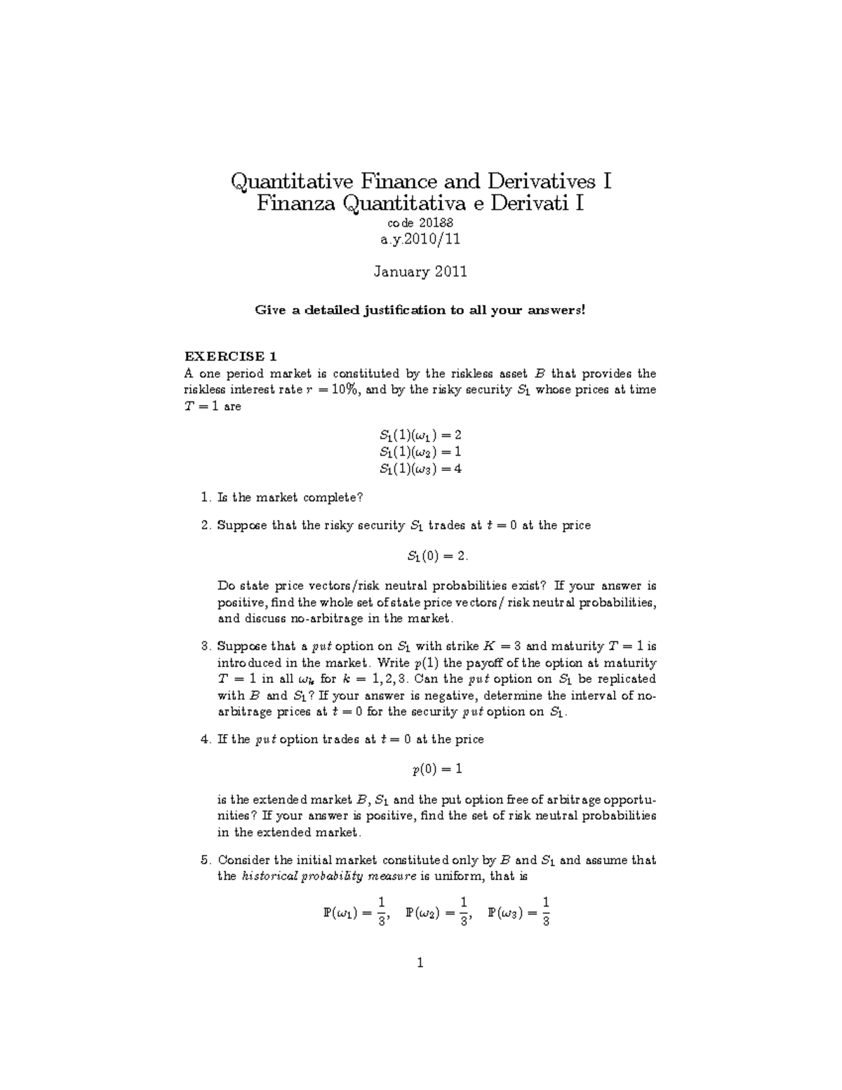 Exam 2011, questions and answers - Quantitative Finance and Derivatives ...