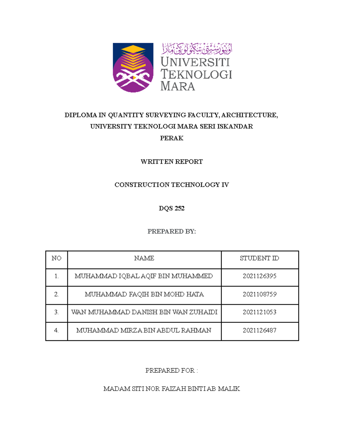 DQS 252 Assignment 2 - DIPLOMA IN QUANTITY SURVEYING FACULTY ...