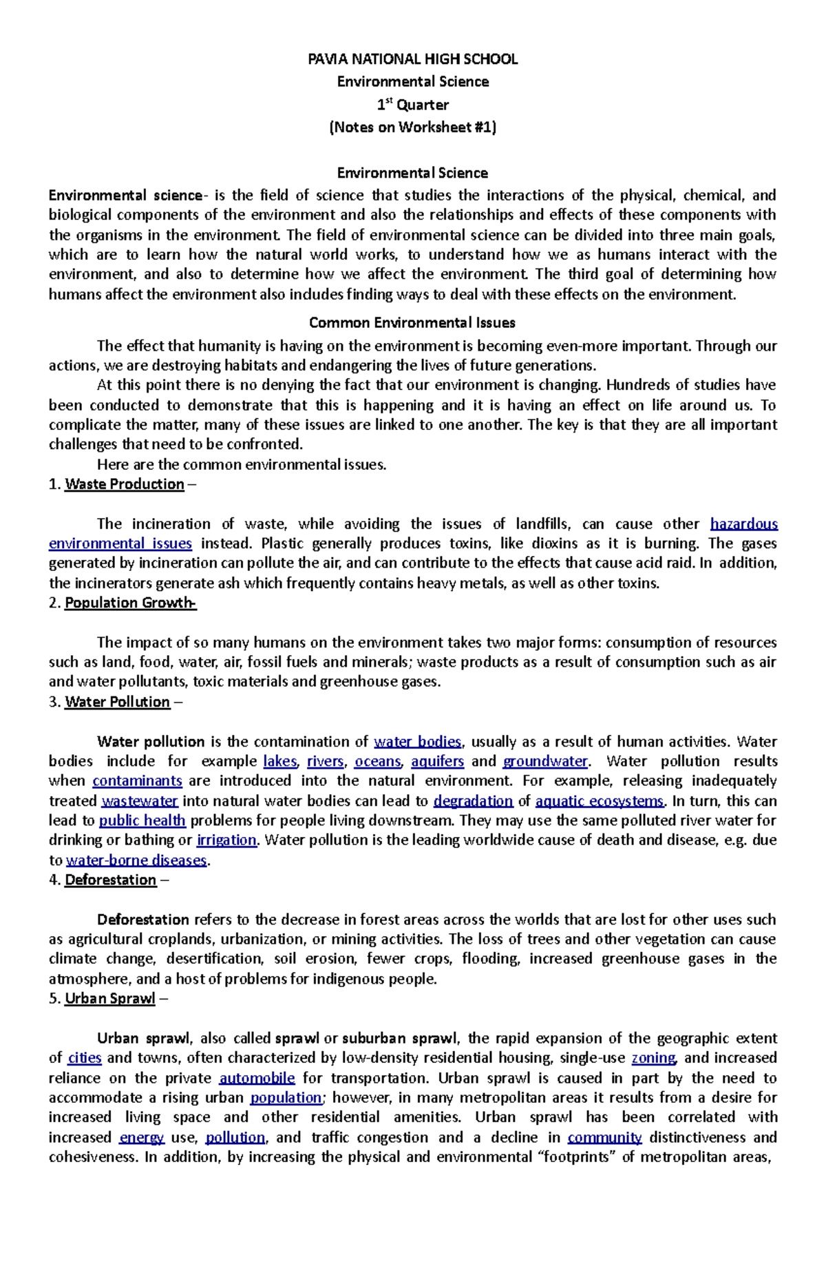 1st Q Worksheet 1 Common Environmental - PAVIA NATIONAL HIGH SCHOOL ...