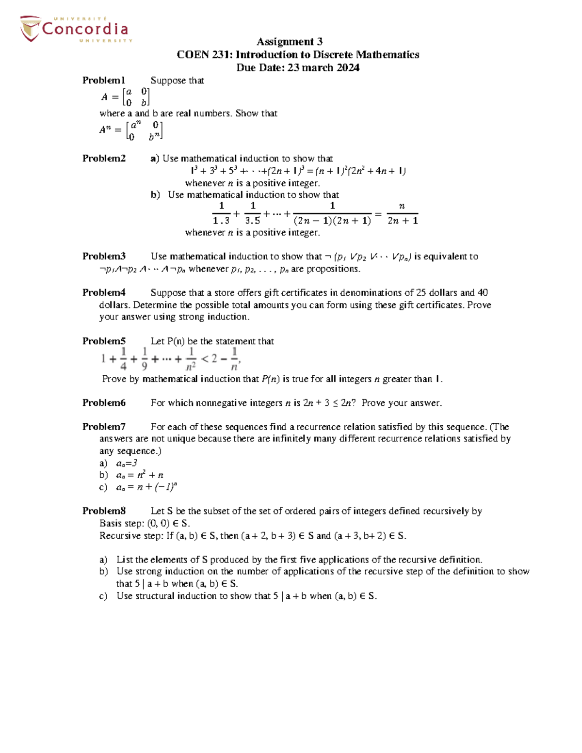 Assignment 3-2024-win - Assignment 3 COEN 231: Introduction to Discrete ...