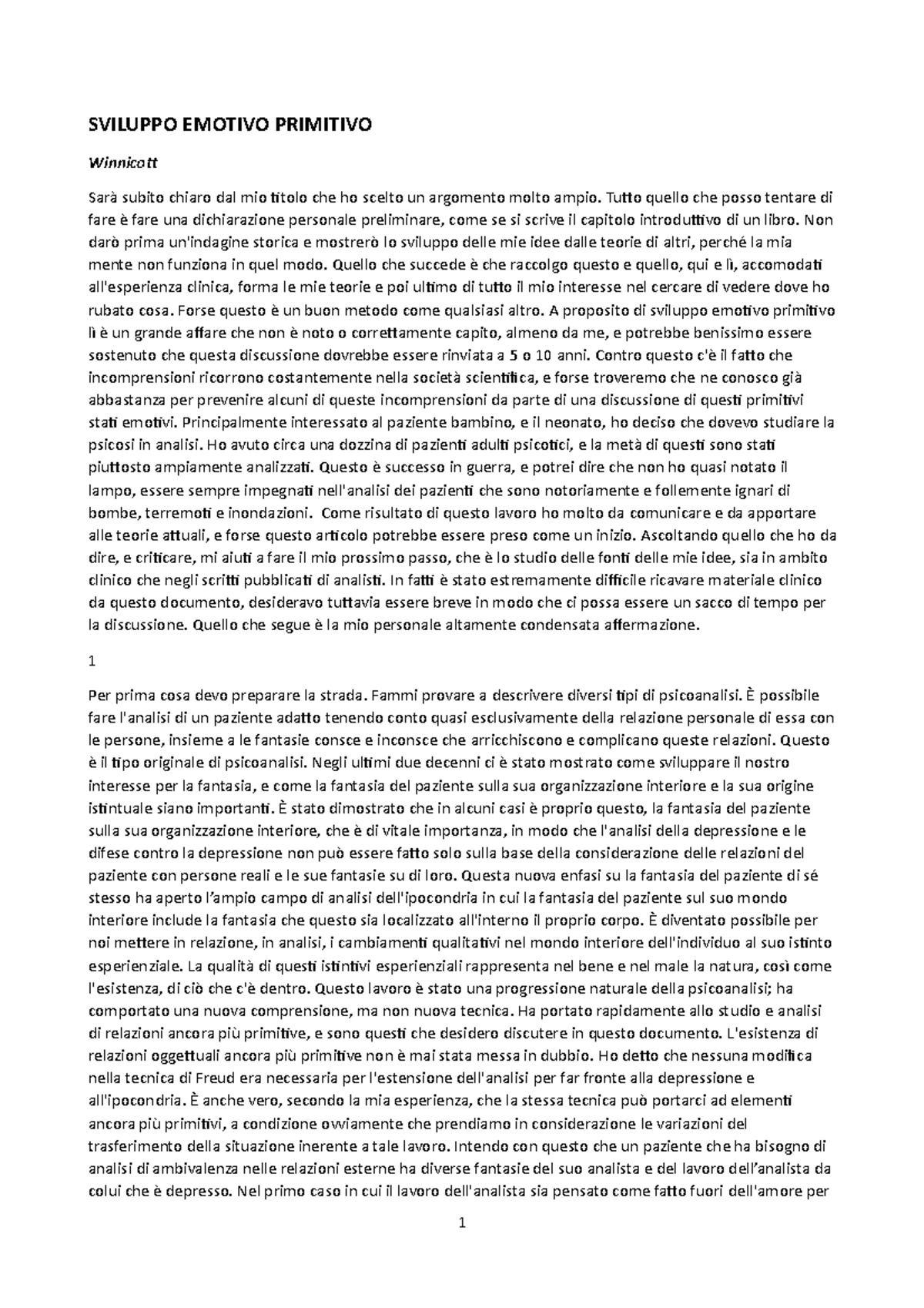 Sviluppo Emotivo Primitivo - SVILUPPO EMOTIVO PRIMITIVO Winnicot Sarà ...