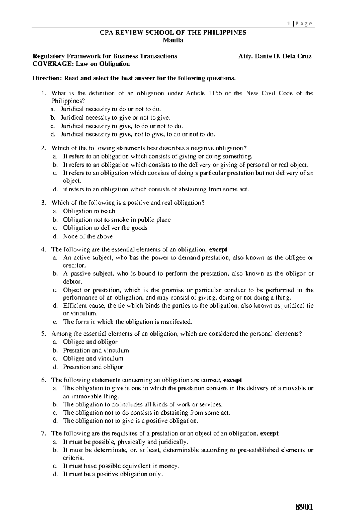 Law on Obligation Test Bank by Sir Atty. Dante O. Dela Cruz - CPA ...