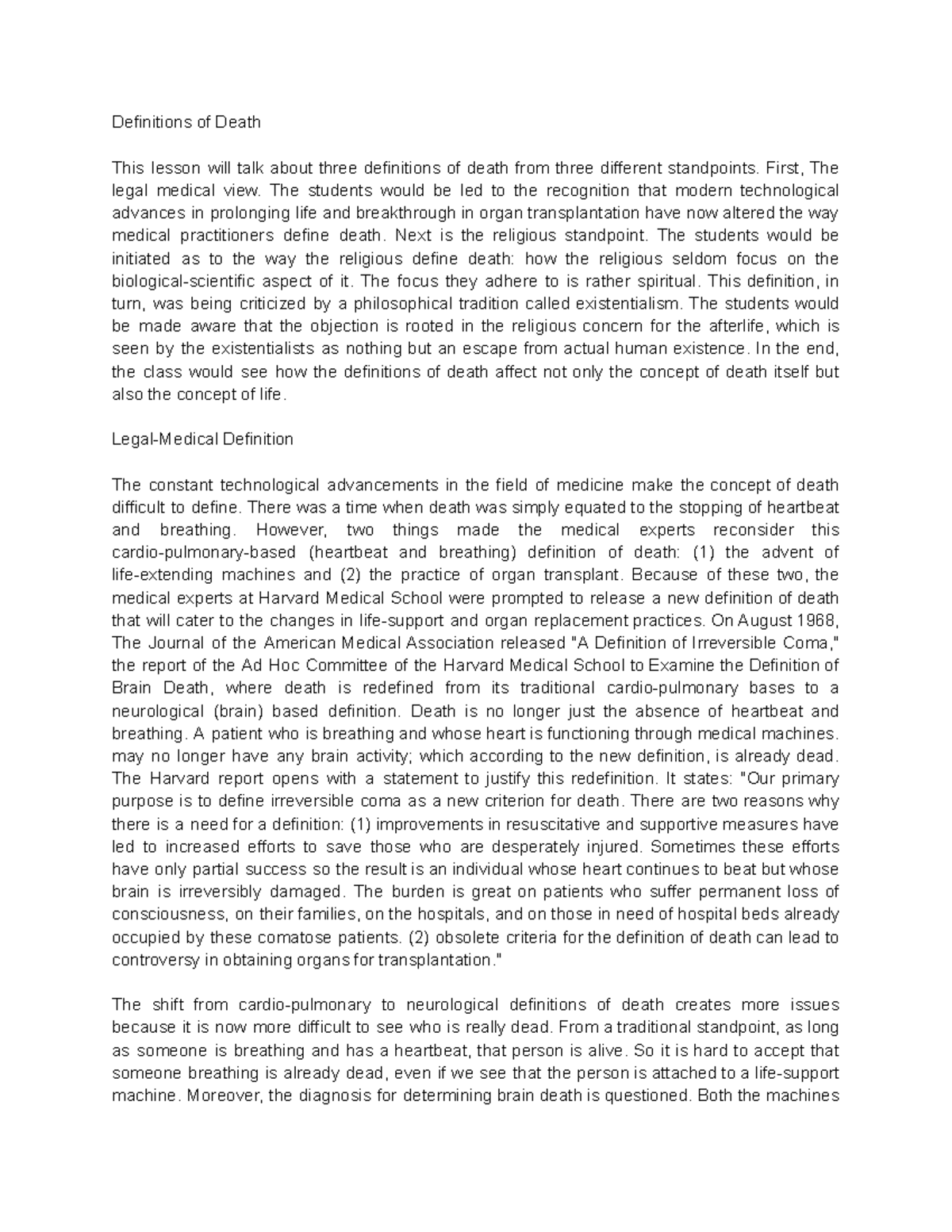 Death - Lecture notes. - Definitions of Death This lesson will talk ...