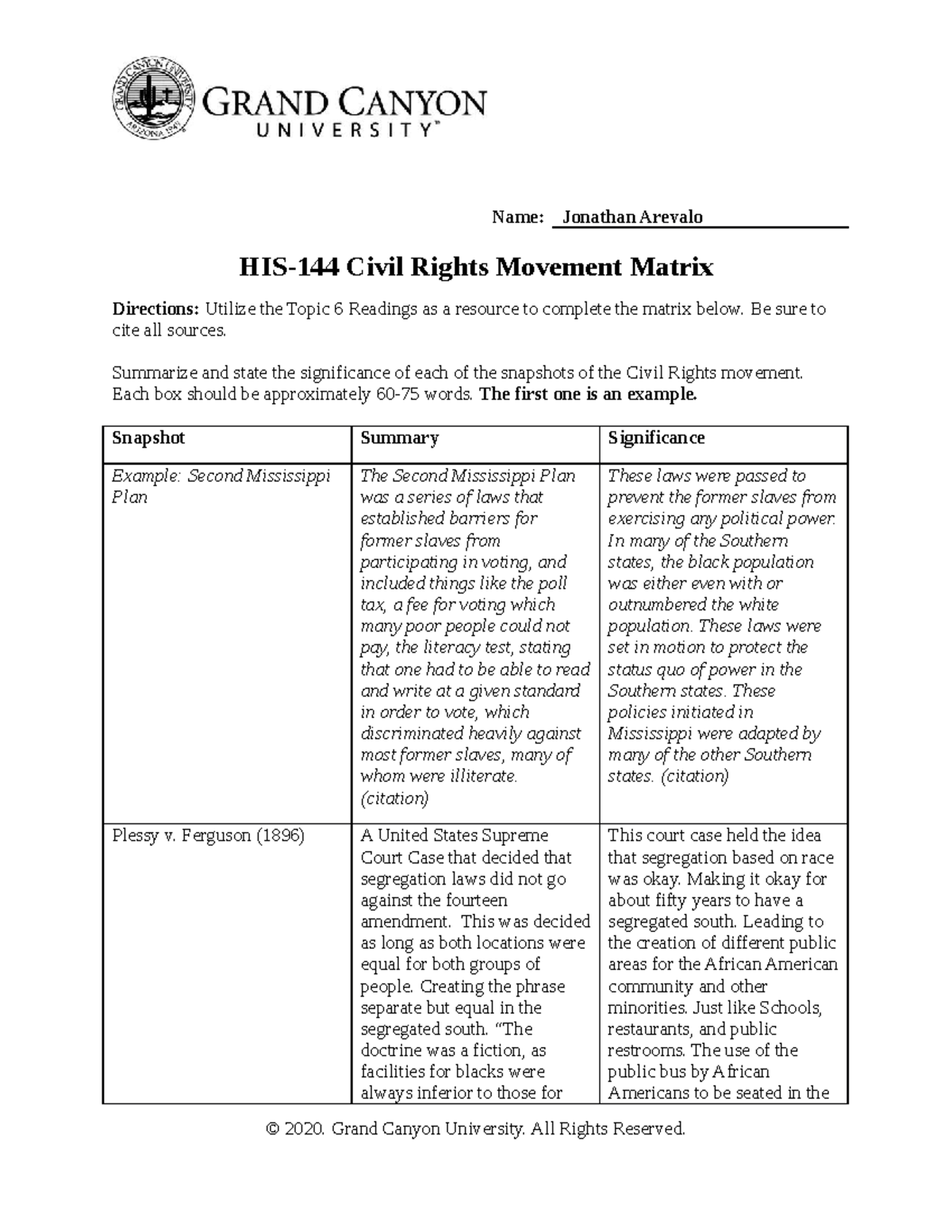 HIS-144-T6 Civil Rights Movement Matrix Online - Name: Jonathan Arevalo ...