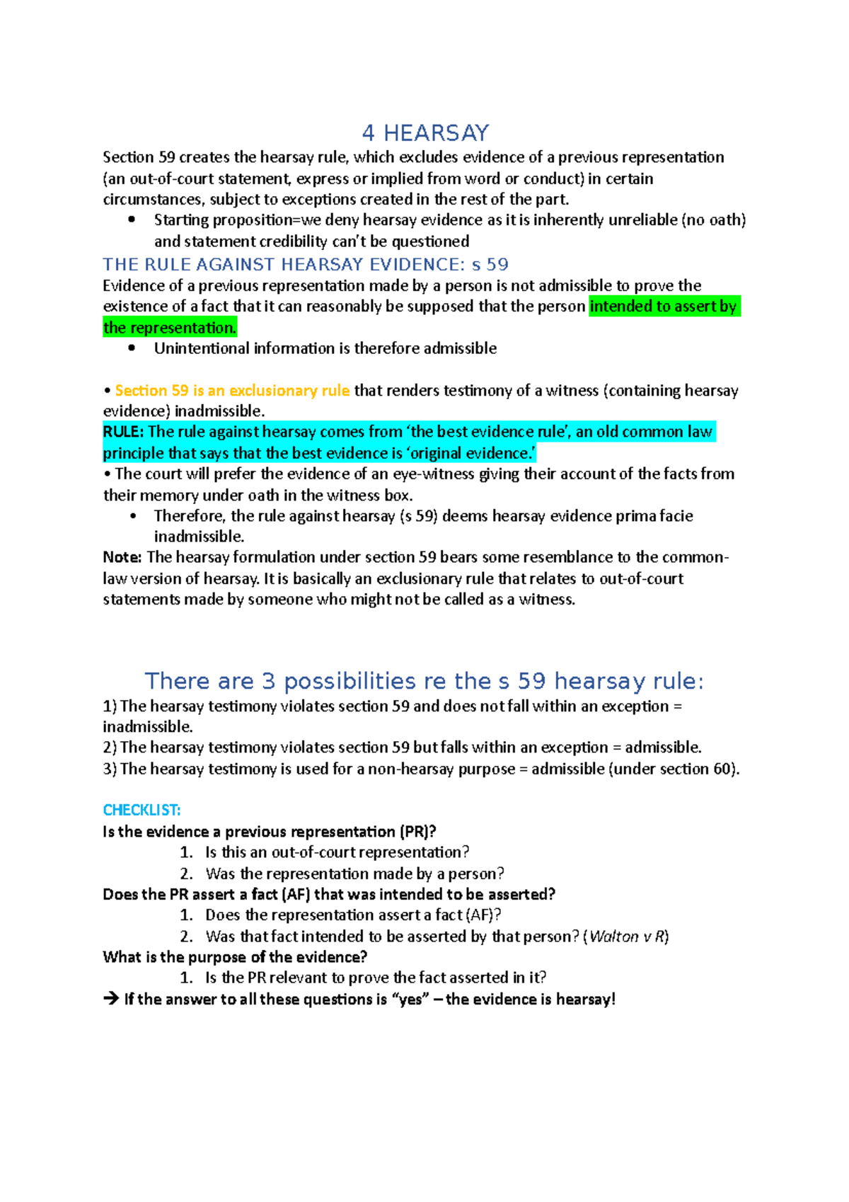 Topic 4 Hearsay - Notes - 4 HEARSAY Section 59 creates the hearsay rule ...