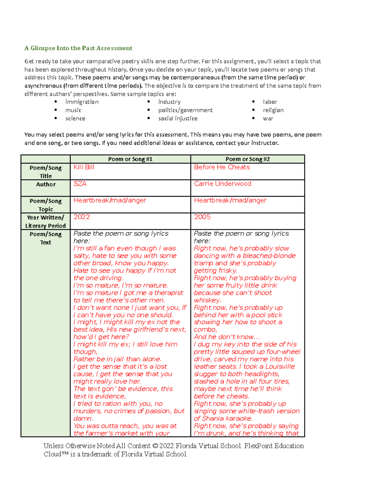 A glimpse into the past assess rubric completed - A Glimpse Into the ...