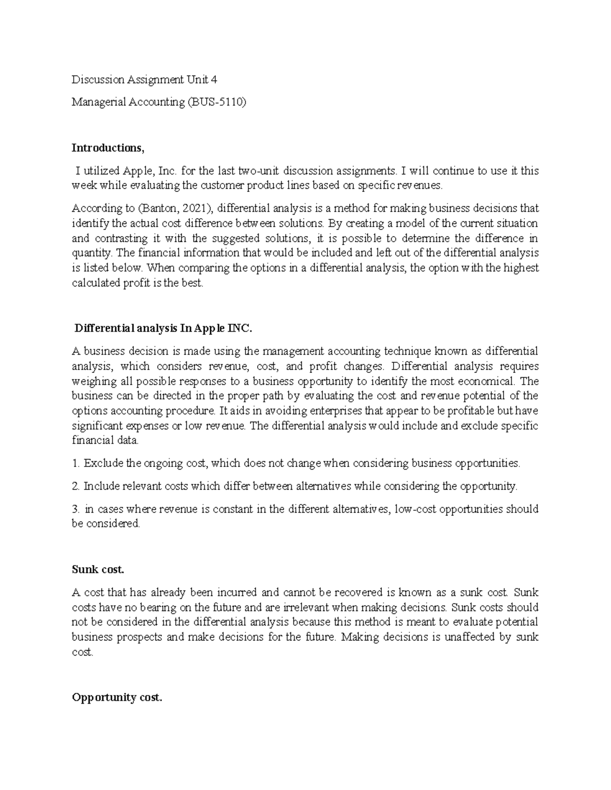 Bus-5110 discussion assignment unit 4 - Discussion Assignment Unit 4 Managerial Accounting - Studocu