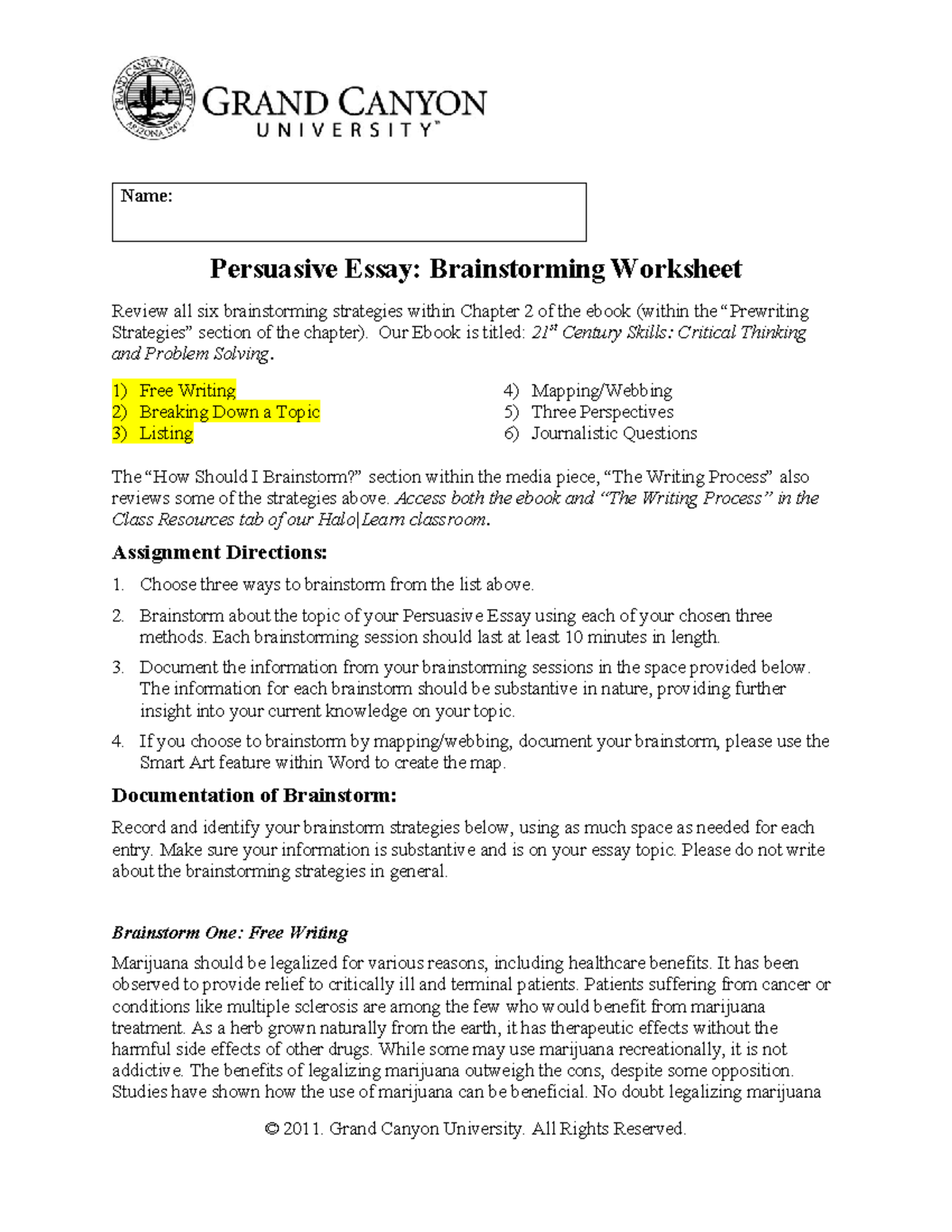 PHI105 T2 Brainstorming Worksheet L - Name: Persuasive Essay ...