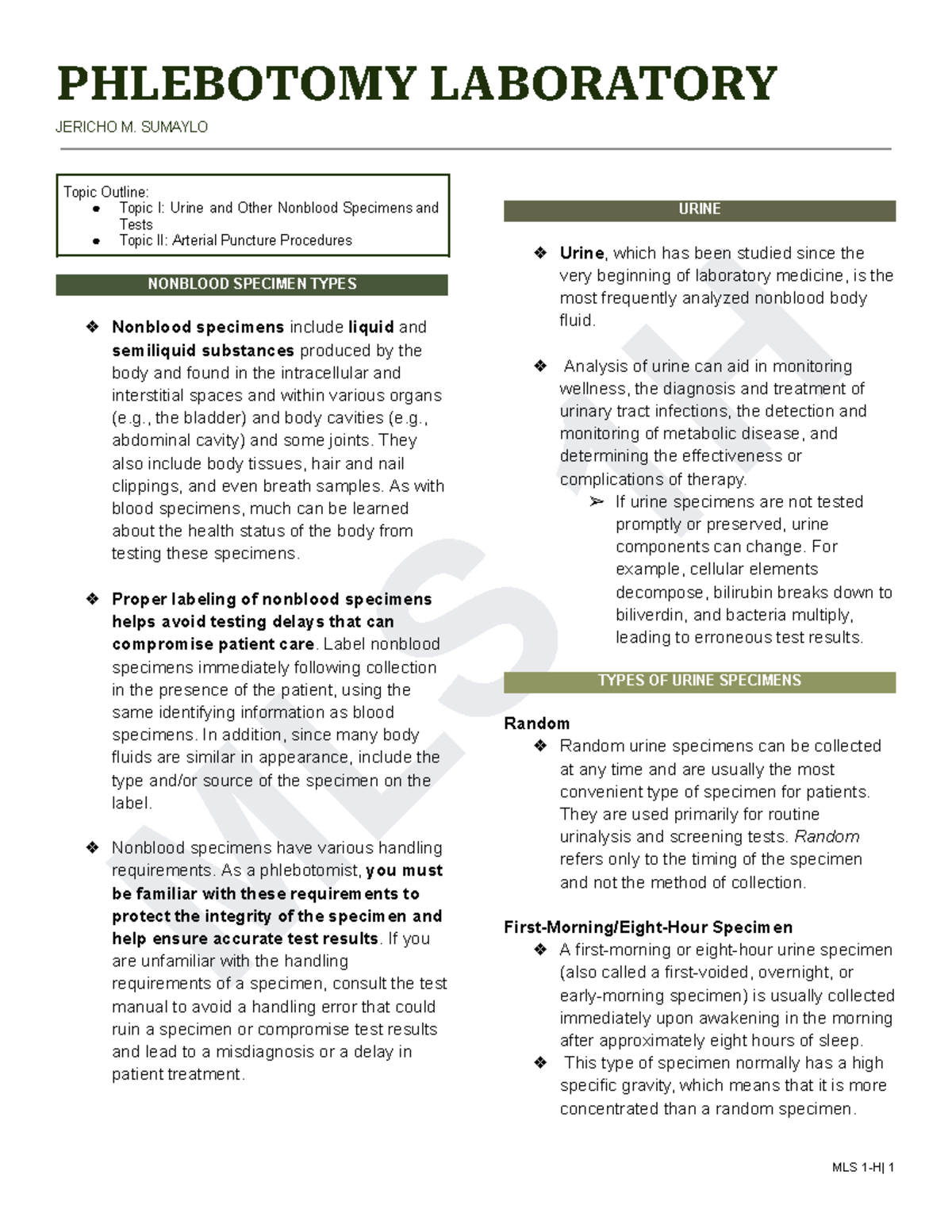 Phleb- Finals- Reviewer - MLS 1H PHLEBOTOMY LABORATORY JERICHO M ...