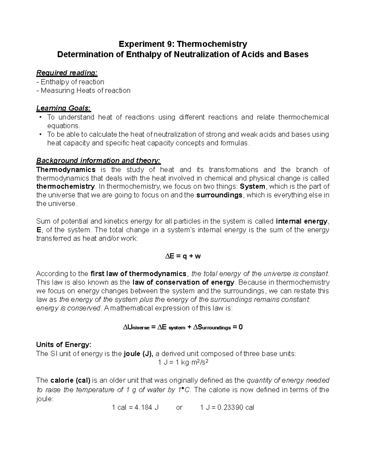 Experiment 9 - Thermochemistry - Experiment 9: Thermochemistry ...
